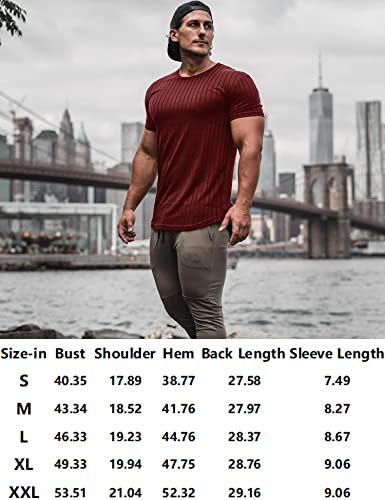 URRU Men's Muscle T Shirts Stretch Short Sleeve Bodybuilding Workout Casual Slim Fit Tee Shirts Wine Red XL