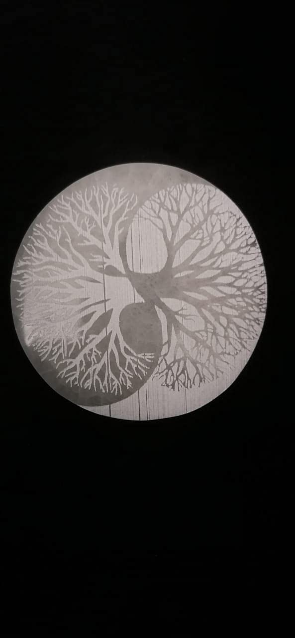 Selenite Circle Plate Laser Engraved Three Design, Cleans and Remove Negative Energy, Size 10×10 cm 240 gr, White