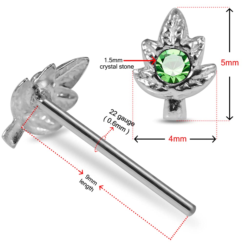 Pack of 20 Pieces Mix Color 22G Sterling Silver Marijuana Leaf Straight End Nose Pin Stud
