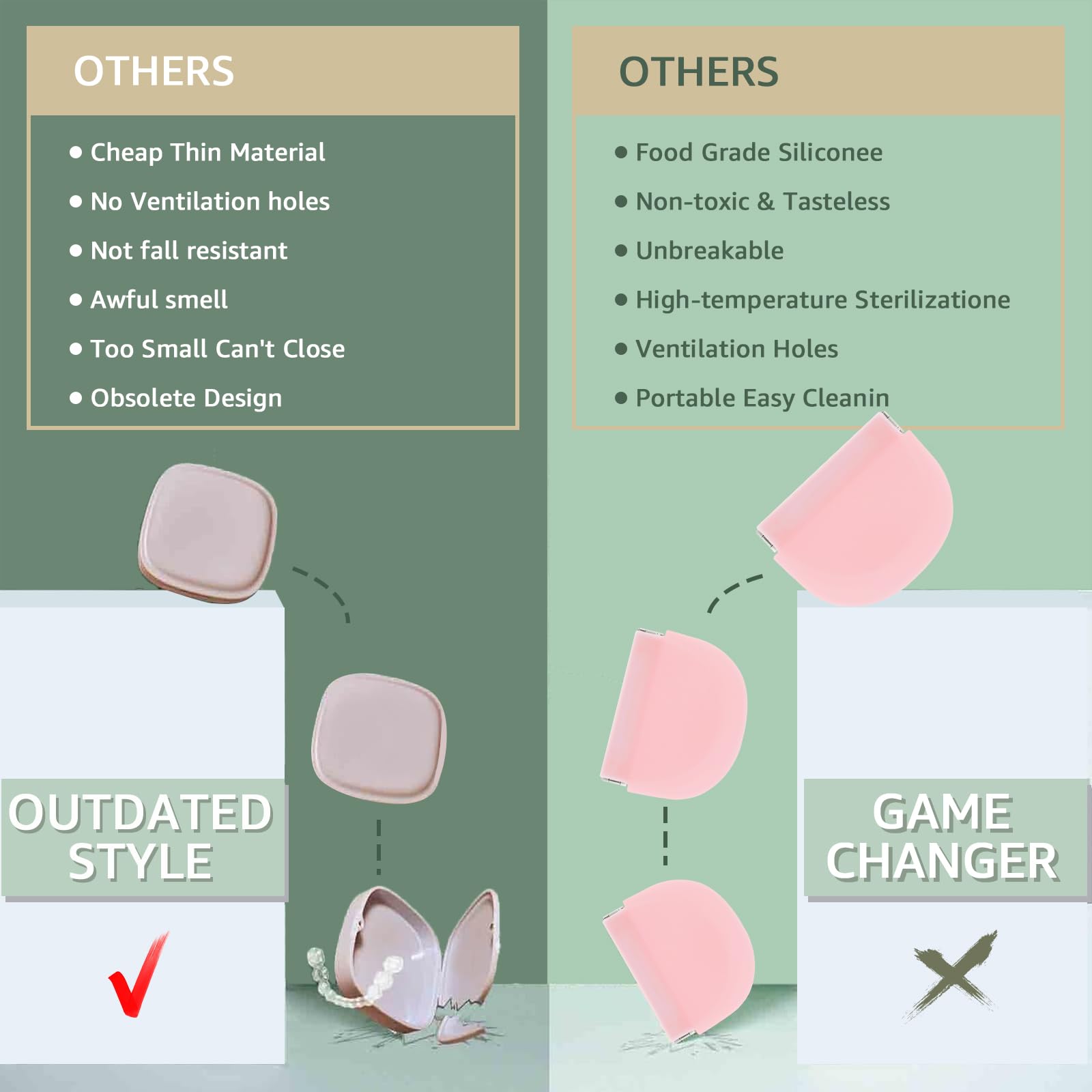 Protoiya Denture Retainer Case, Food Grade Silicone Denture Holder Box with Vent Holes, Mini Portable False Teeth Container, Multipurpose False Teeth Storage Box for Home Travel Office (pink)