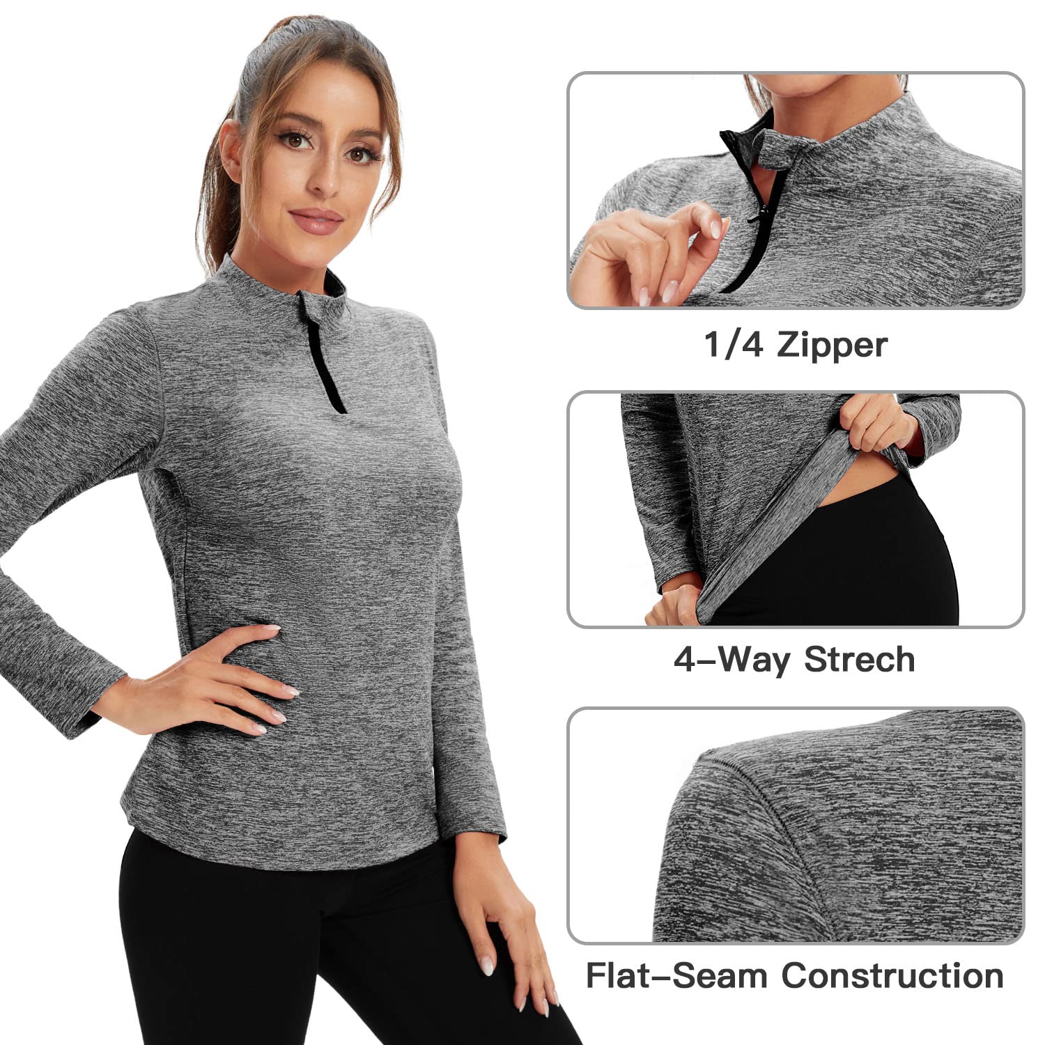 WOWENY Women Fleece Running Shirt Thermal Long Sleeve Quarter Zip Pullover for Womens Sport Athetic Tops Light Grey