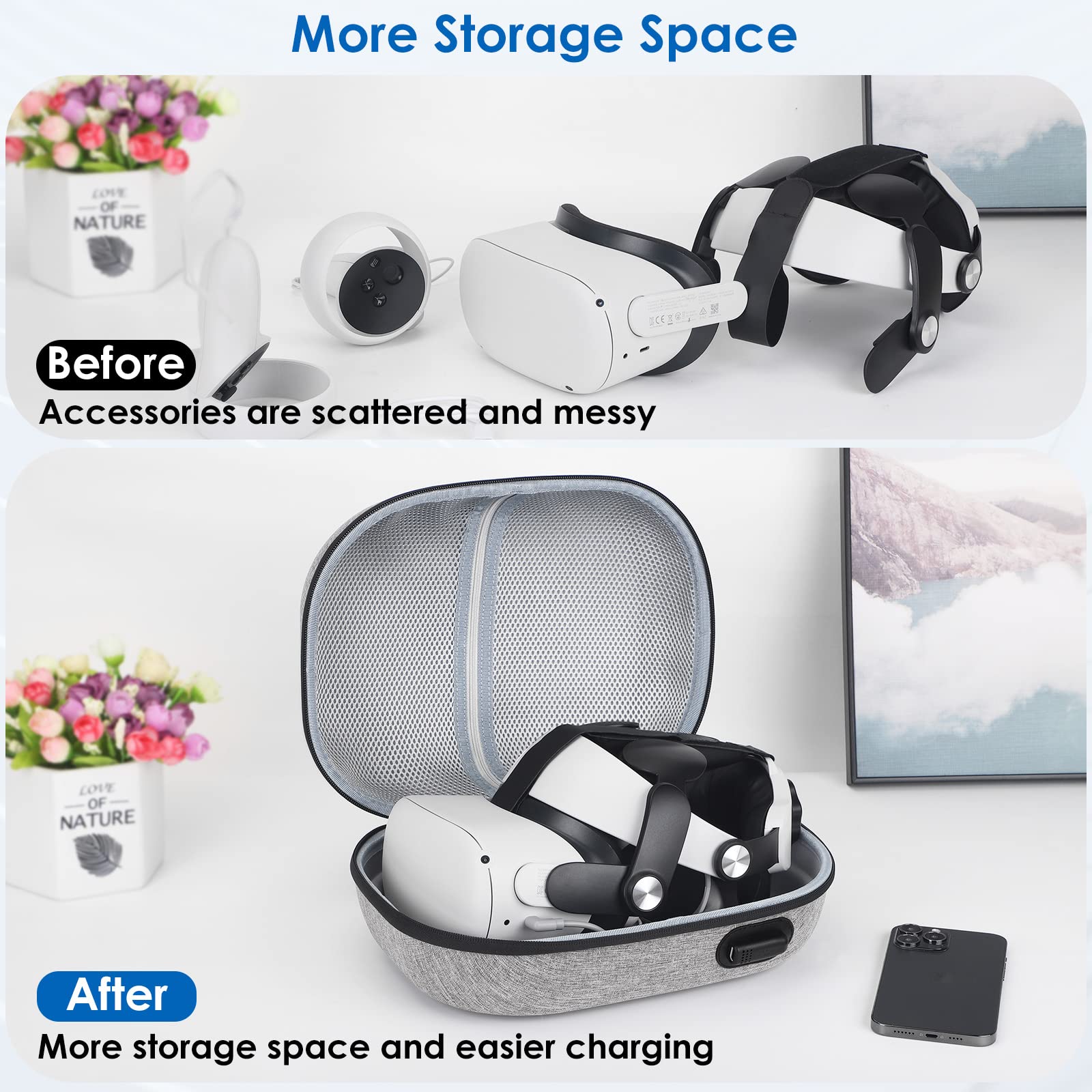 YOGES Case Compatible with Oculus Quest 2, Chargable Anti-Drop Hard Carrying Case for Oculus Quest 2 Elite Strap VR Headsets and Touch Controllers Gaming Accessories, Suitable for Travel and Storage