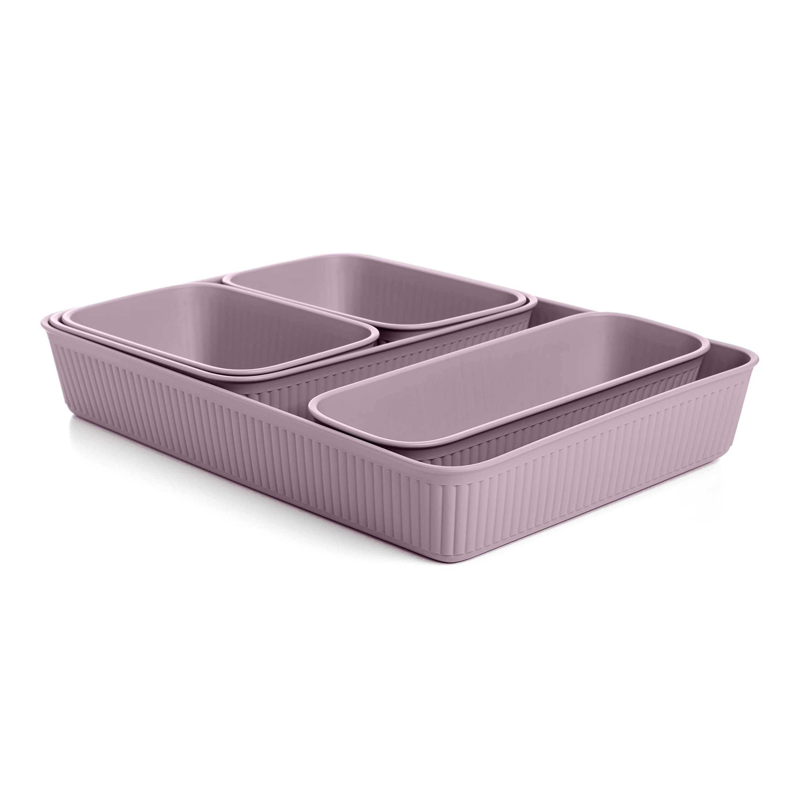 Superio Ribbed Collection - Decorative Plastic Desk Drawer Organizer Tray, Lilac Purple (Set of 5) Open Home Storage Bins Organizer Baskets, for Organizing Closet Shelves Drawer Shelf