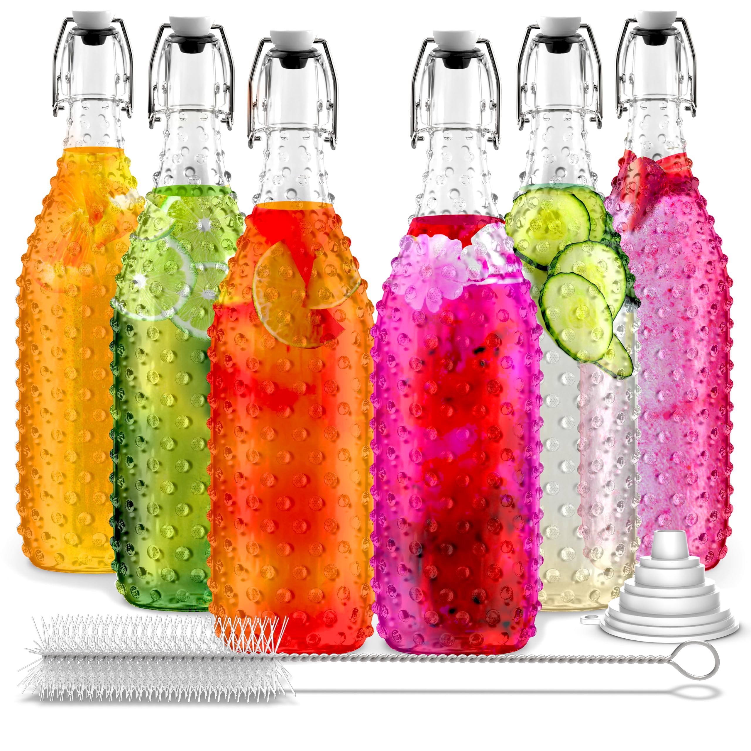 Nevlers 33oz 6 PK Dotted Swing Top Glass Bottles with Lids | Flip Top Glass Bottle for Beer, Mead, Wine Bottles, Kombucha Bottles & Limoncello Bottles with Caps | 1 Liter Glass Containers for Liquids
