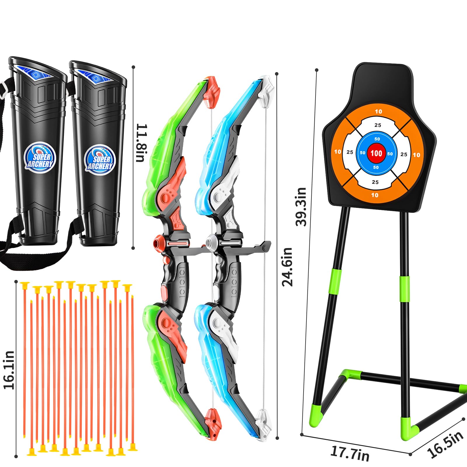 TEMI 2 Pack Archery Set - Includes 2 Bows, 20 Suction Cup Arrows & 2 Quivers & Standing Target, Outdoor Light Up Toys for Kids Boys Girls