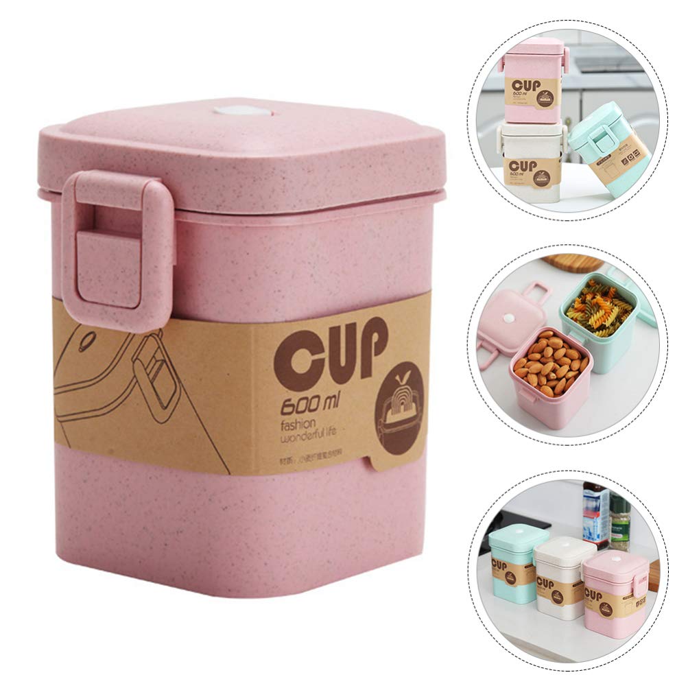 YARDWE Microwave Breakfast Cup Sealed Insulated Food Jar: Microwave Soup Mug with Lid 600ml Pink Square Wheat Straw Cereal Cup with Cover Spill Proof Soup Travel Container