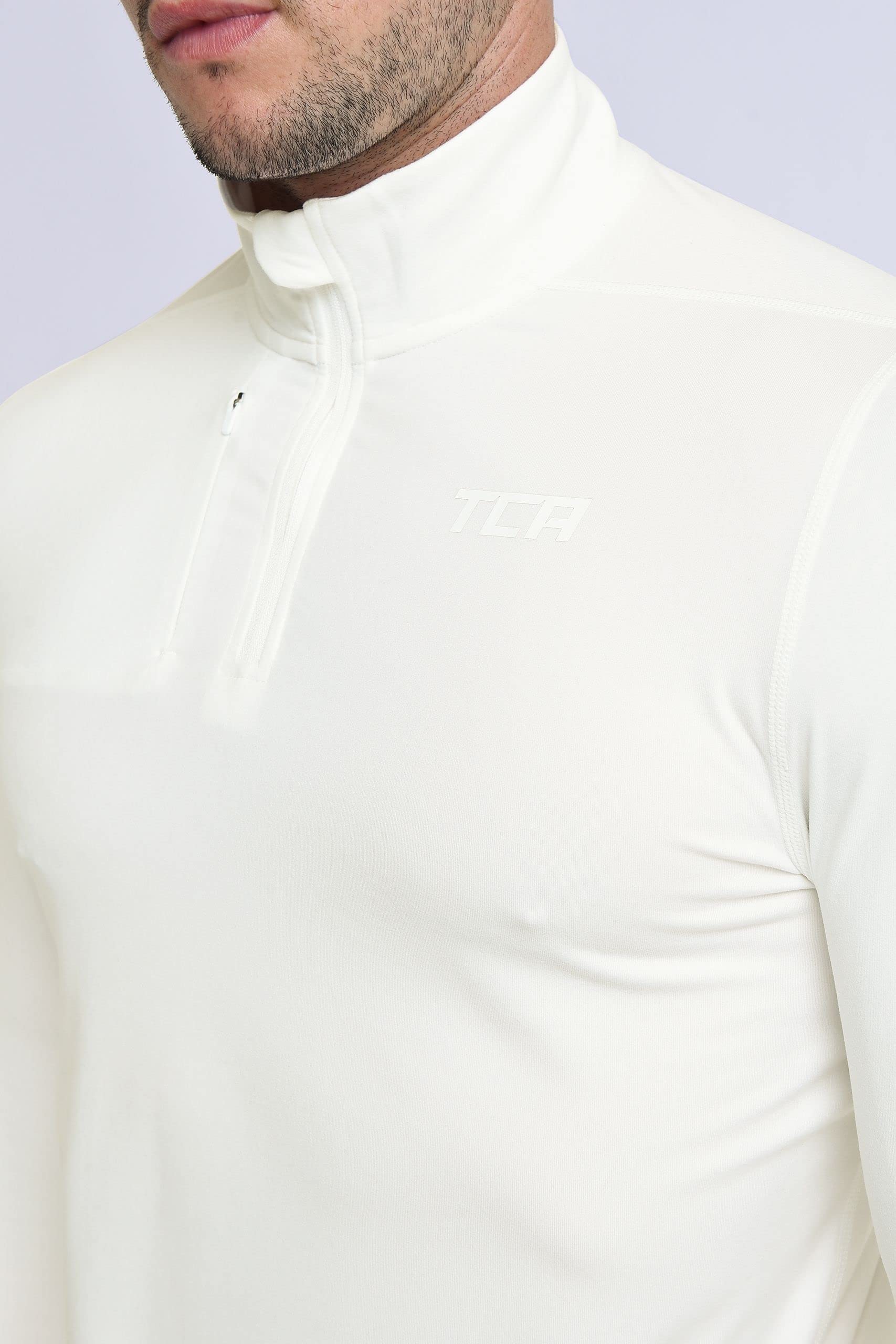 TCA Men's Fusion Pro Quickdry Long Sleeve Half Zip Running Shirt β Athletic Workout Pullover with Pocket & Thumb Holes- Cloud White, Medium