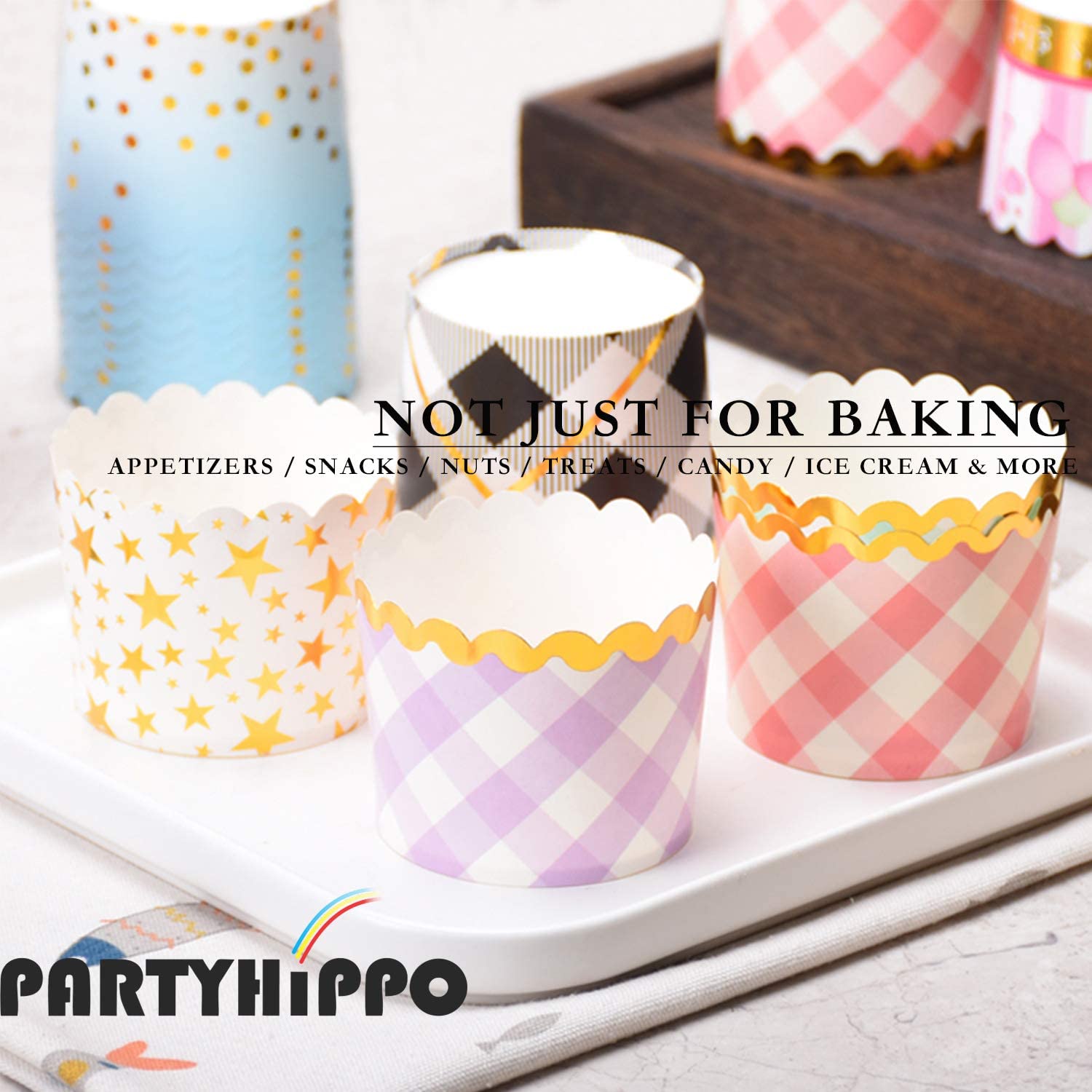 Party Hippo Cupcake Cups, 4.5 Oz 25 pcs Disposable Foil Muffin Liners, Gold Cupcake Baking Cups, Baking Cups(Gold Dots Blue)