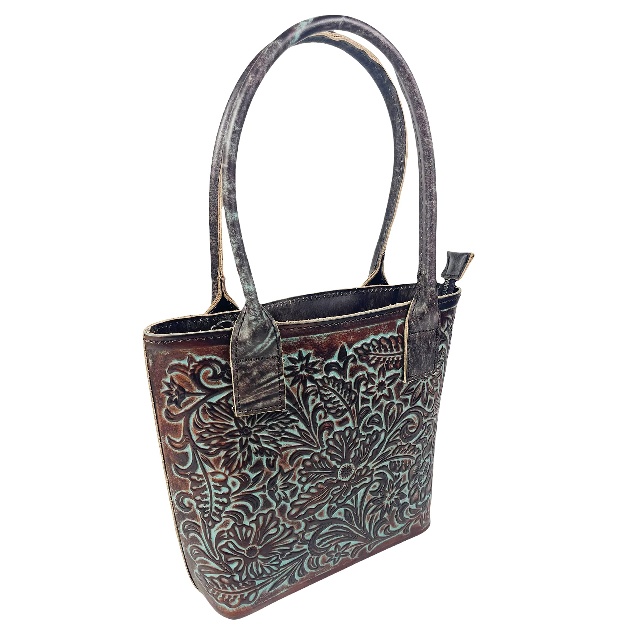 Urbalabs Western Purse Genuine Leather Hand Tooled Floral Handbag Tote Ladies Bag Leather Chain Strap Purse Hand Stitched (Dark Brown)