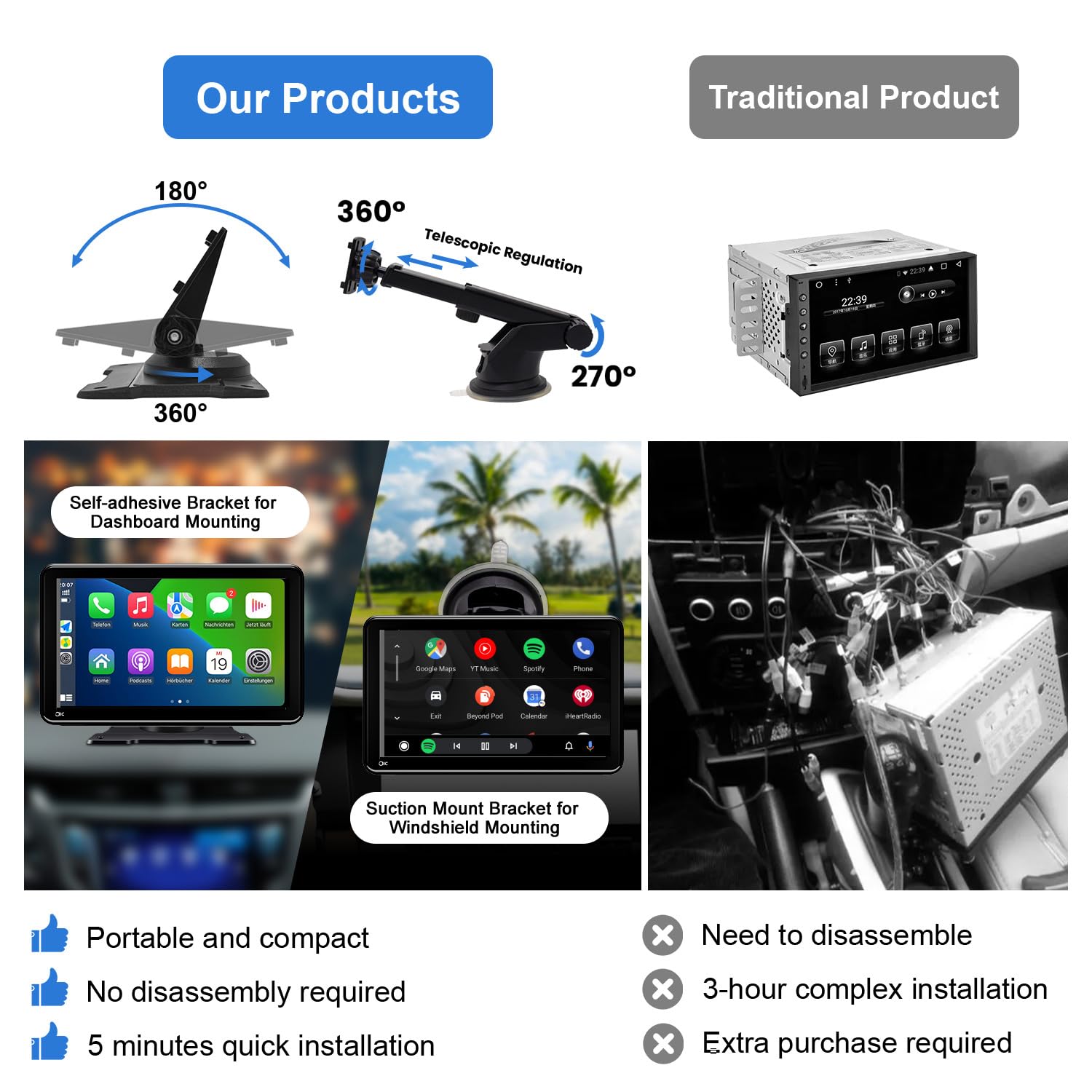 Portable Car Stereo for Apple Carplay, Android Auto, Air Play, Mirror Link, Wireless Car Play Screen with Bluetooth Handsfree, 7 Inch IPS Touchscreen, GPS Car Navigation, Siri/Google, FM/AUX/USB/TF