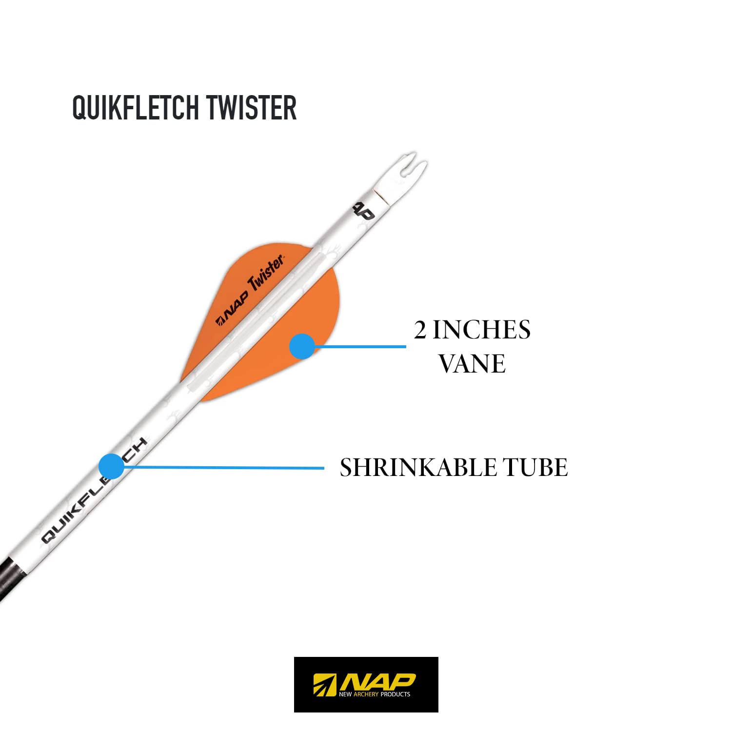 New Archery Products Quikfletch Twister 2" 3-Vane Stabilizing Fletching - WHITE Tube, Orange/White Vanes