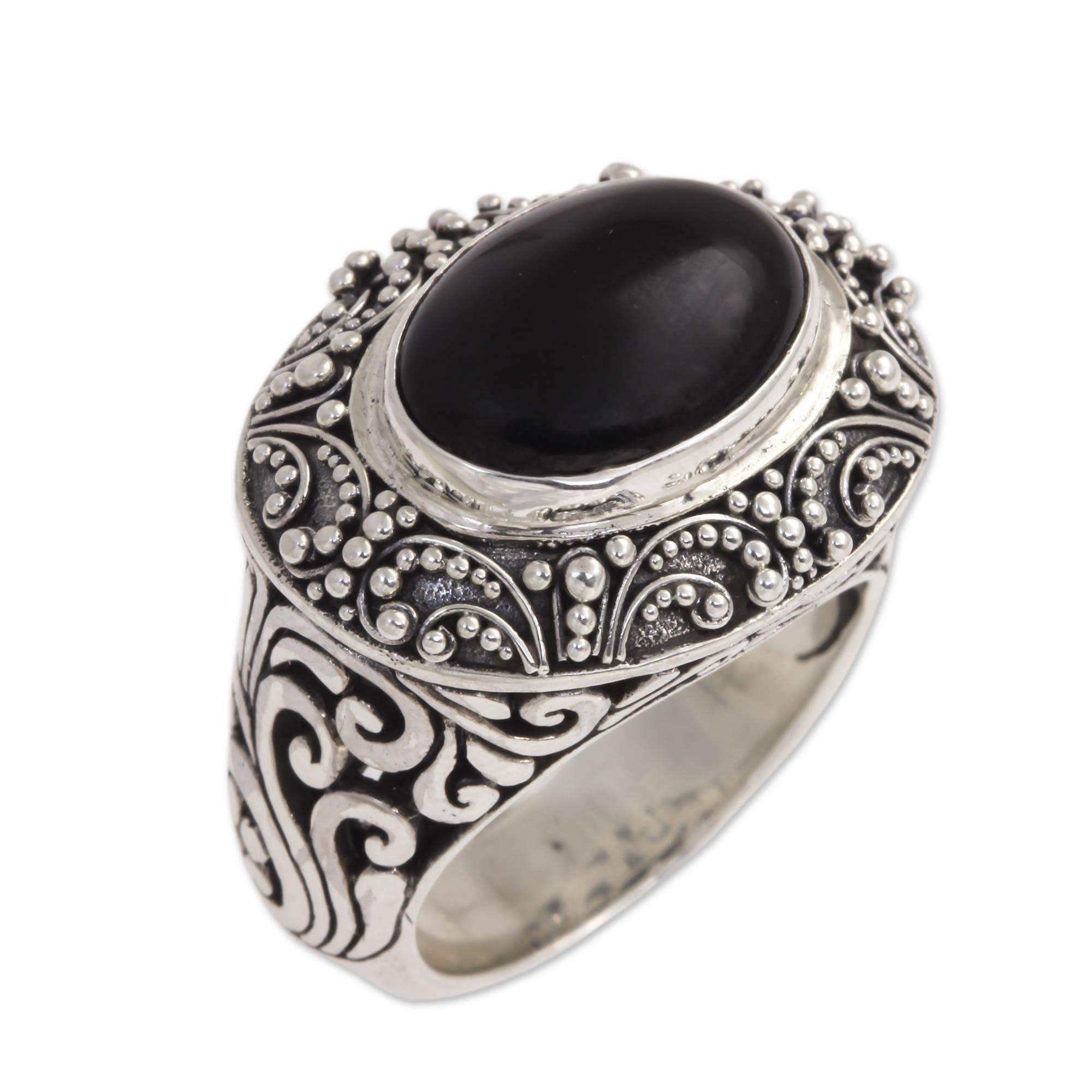 NOVICA Artisan Handmade .925 Sterling Silver Onyx Cocktail Ring Cabochon from Bali Black Single Stone Indonesia Birthstone 'Midnight Intrigue'