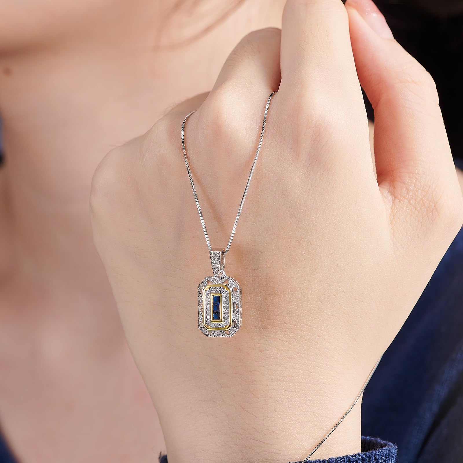 Newshe Women's Created Blue Sapphire White Cz 925 Sterling Silver Gemstone Pendant Chain Necklace 18"
