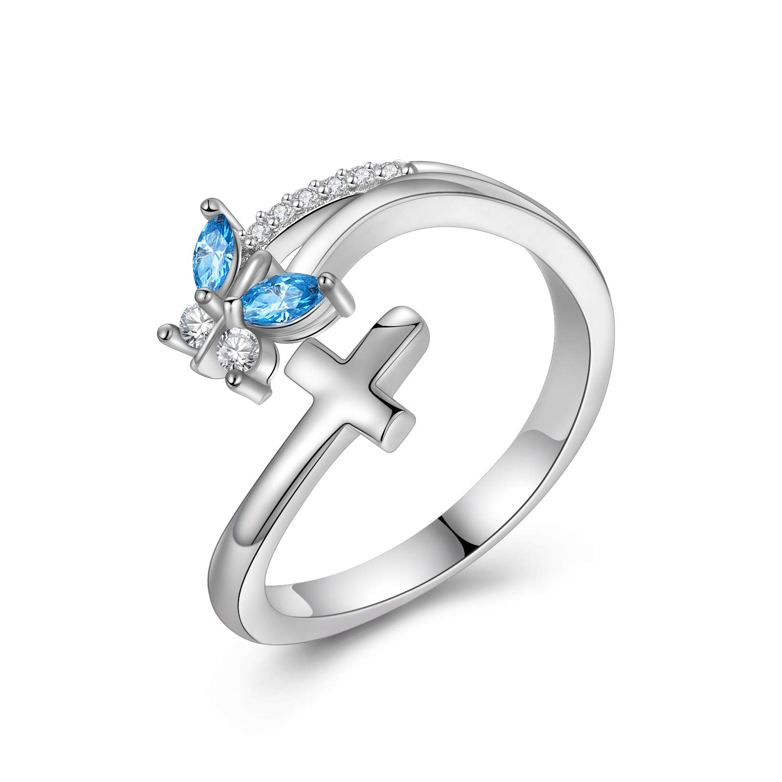 POPLYKE Butterfly Ring 925 Sterling Silver Butterfly Jewelry Gifts for Women (Cross Butterfly)