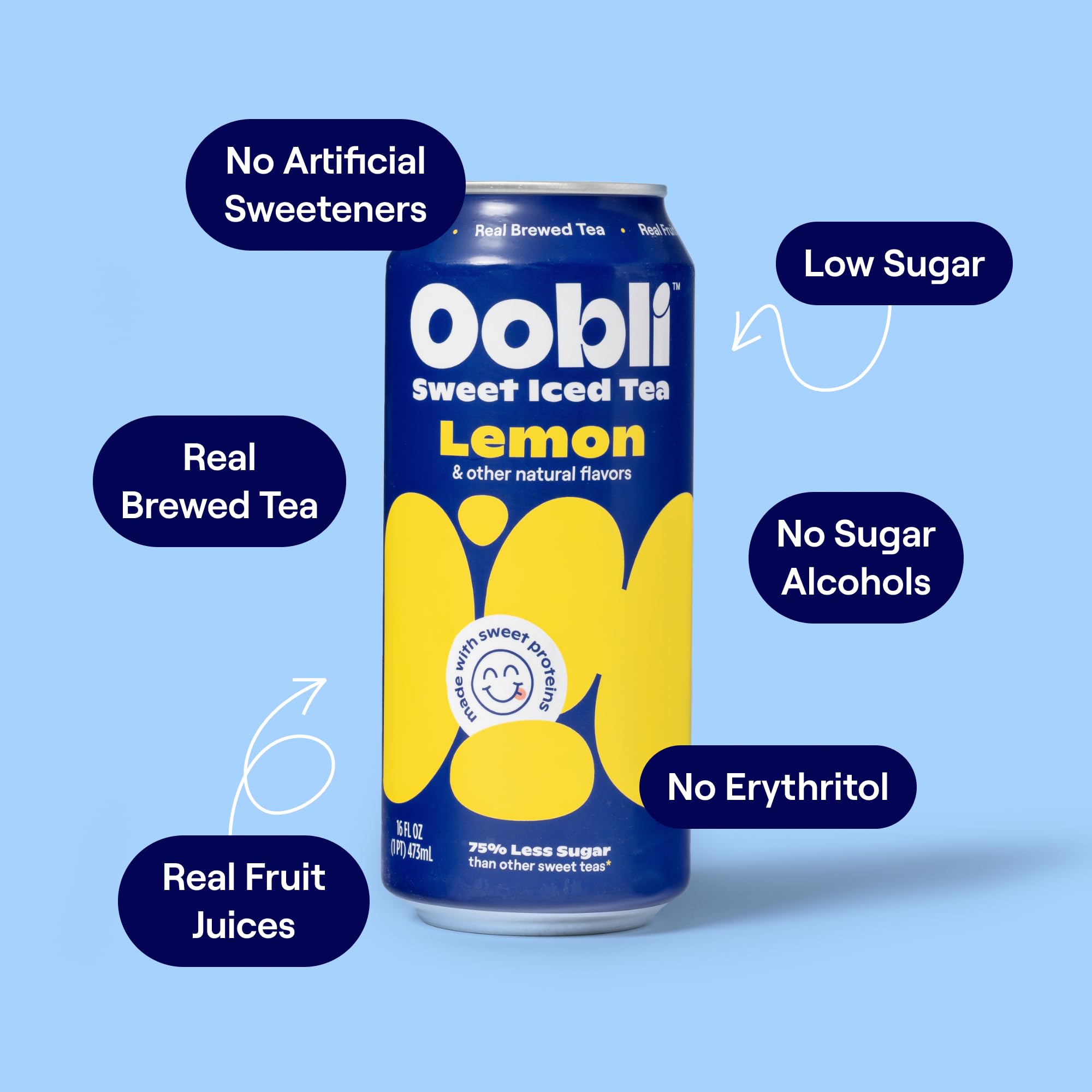 Oobli Sweet Iced Tea Lemon/Peach/Mango Variety Pack (Black Tea and Green Tea) - Low Sugar, Vegan, 50-60 Calories, 16 Fl Oz (6 Pack)