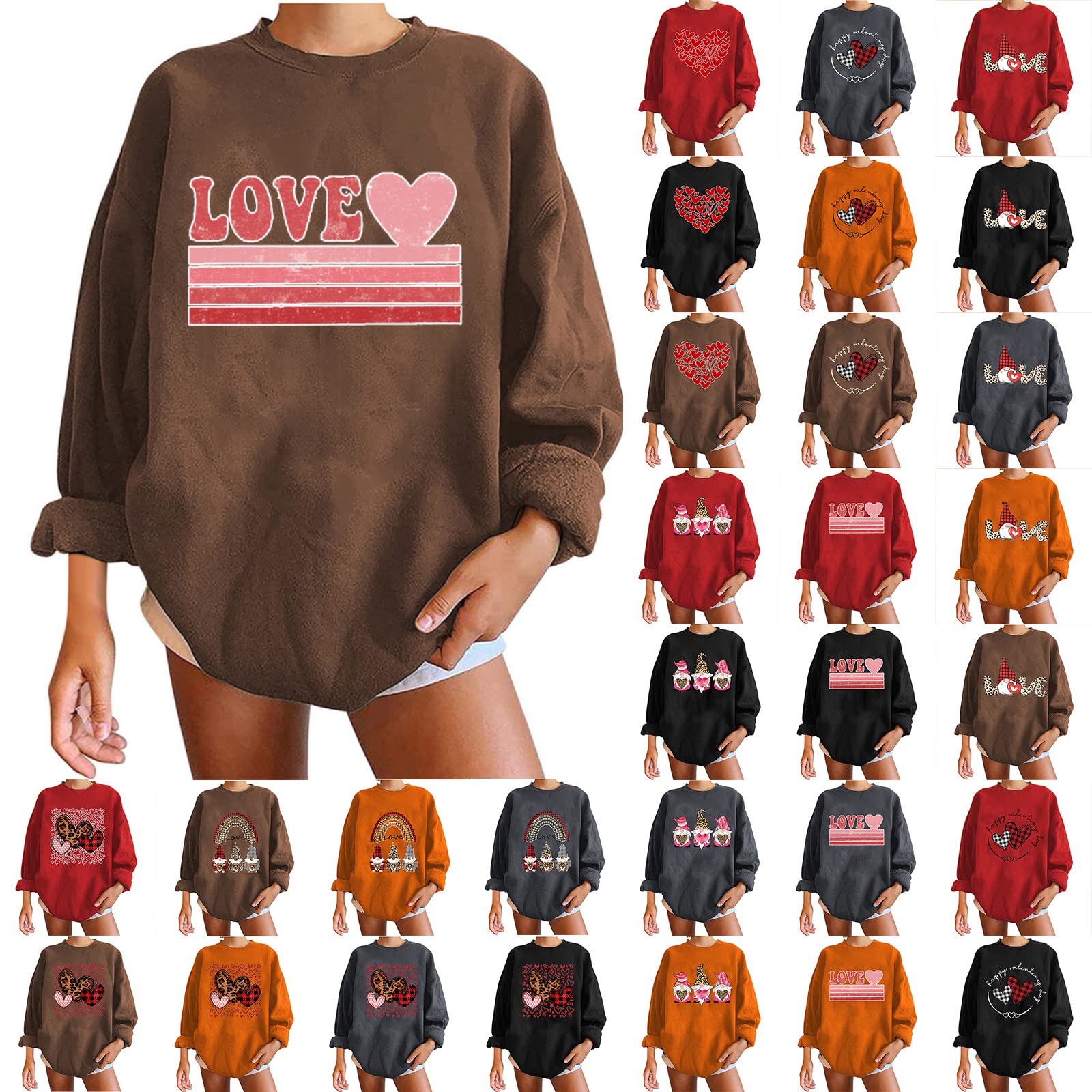 Swrowesi Women's Valentine's Day Love Long Sleeve Sweatshirt Round Neck Drop Shoulder Loose Pullover Tops