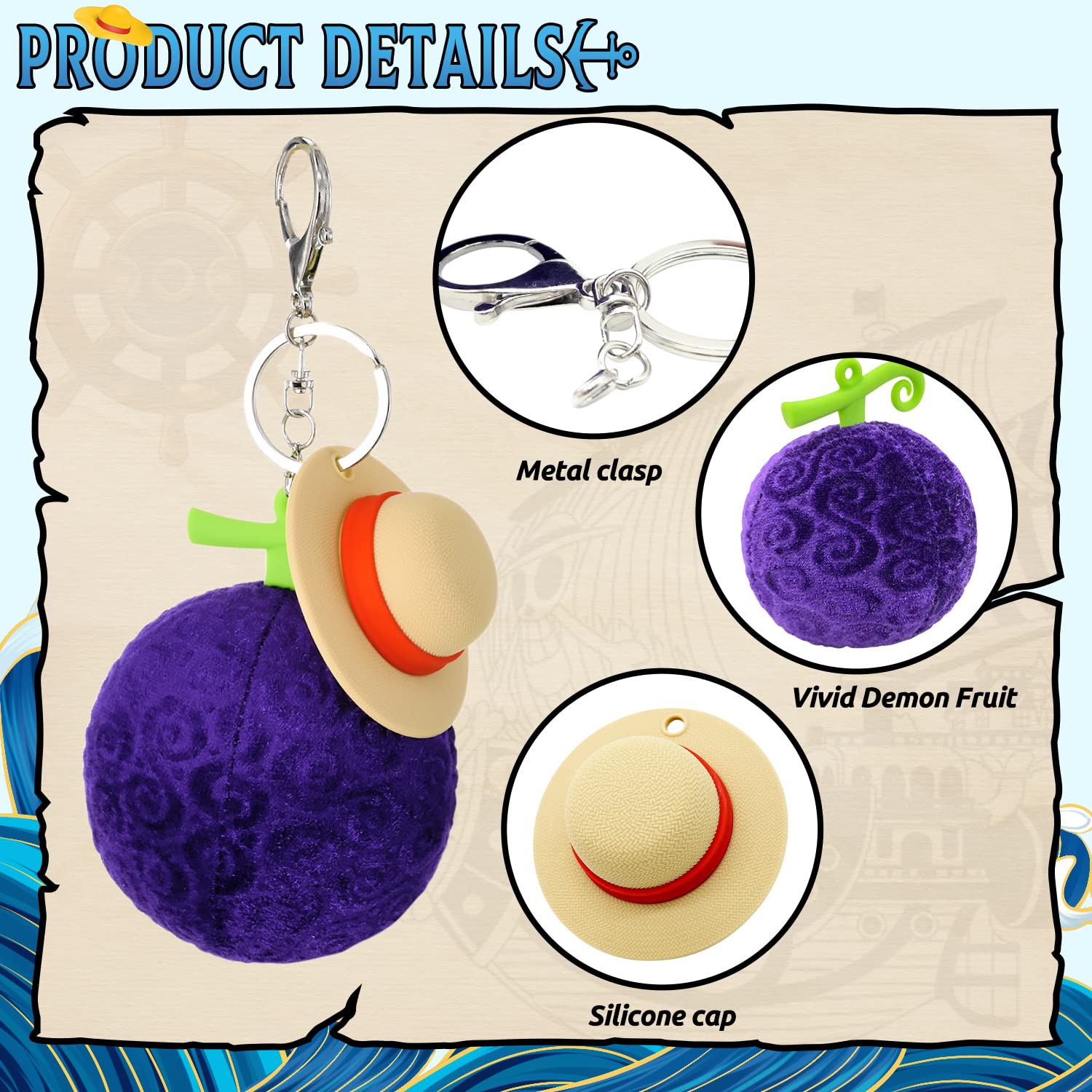 Yonune ZISDHNEO One-s Piece-s keychain,Devil-s Fruit Anime Plush Keychains,Car Backpack Key Chain Cosplay Luffy-s Straw-s Hat keychain