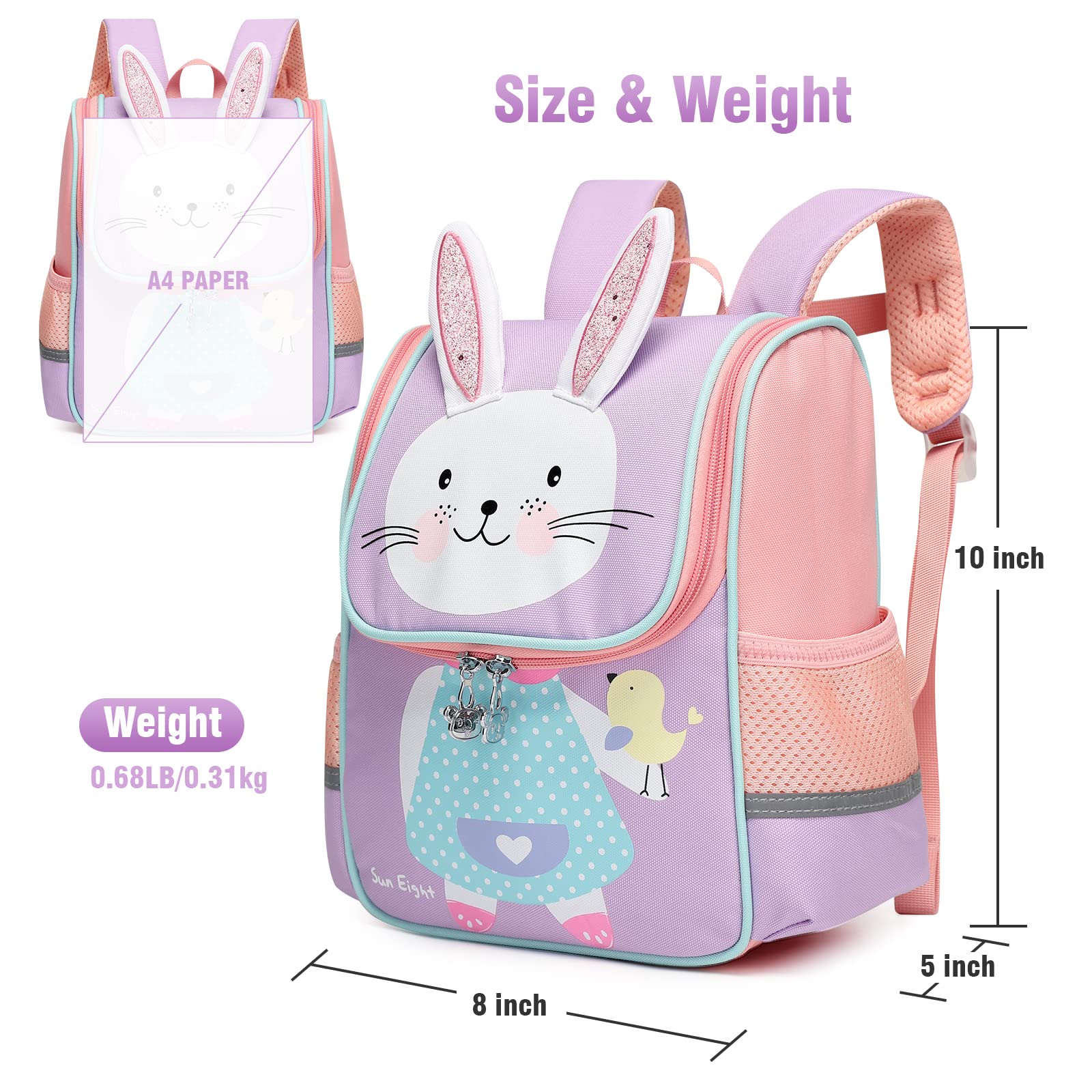 SUN EIGHT Toddler Backpack for Girls Lunch backpack Cute 3D Animal Waterproof Schoolbag School Bag for Baby Girl Boy 2-5 Years(Rabbit)