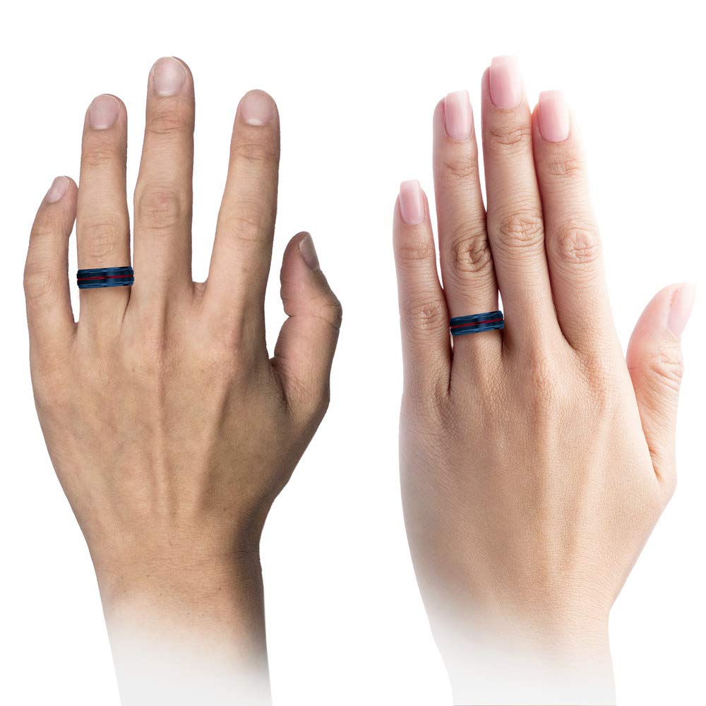 P. Manoukian Tungsten Carbide Wedding Band Ring 8mm for Men Women Blue Interior Red Center Line Step Bevel Edge Brushed Polished Comfort Fit Anniversary Size 9.5