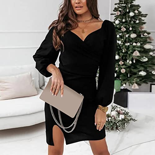 V Neck Long Sleeve Mini Dress Party Dress Women's Solid Color Cross V-Neck Shift Dress Side Split Dress