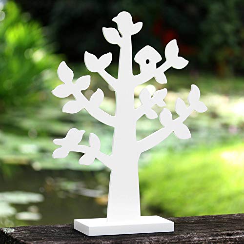 Novica Decorative Wood Leaf and Tree Stands, White 'Bird Habitat in White'