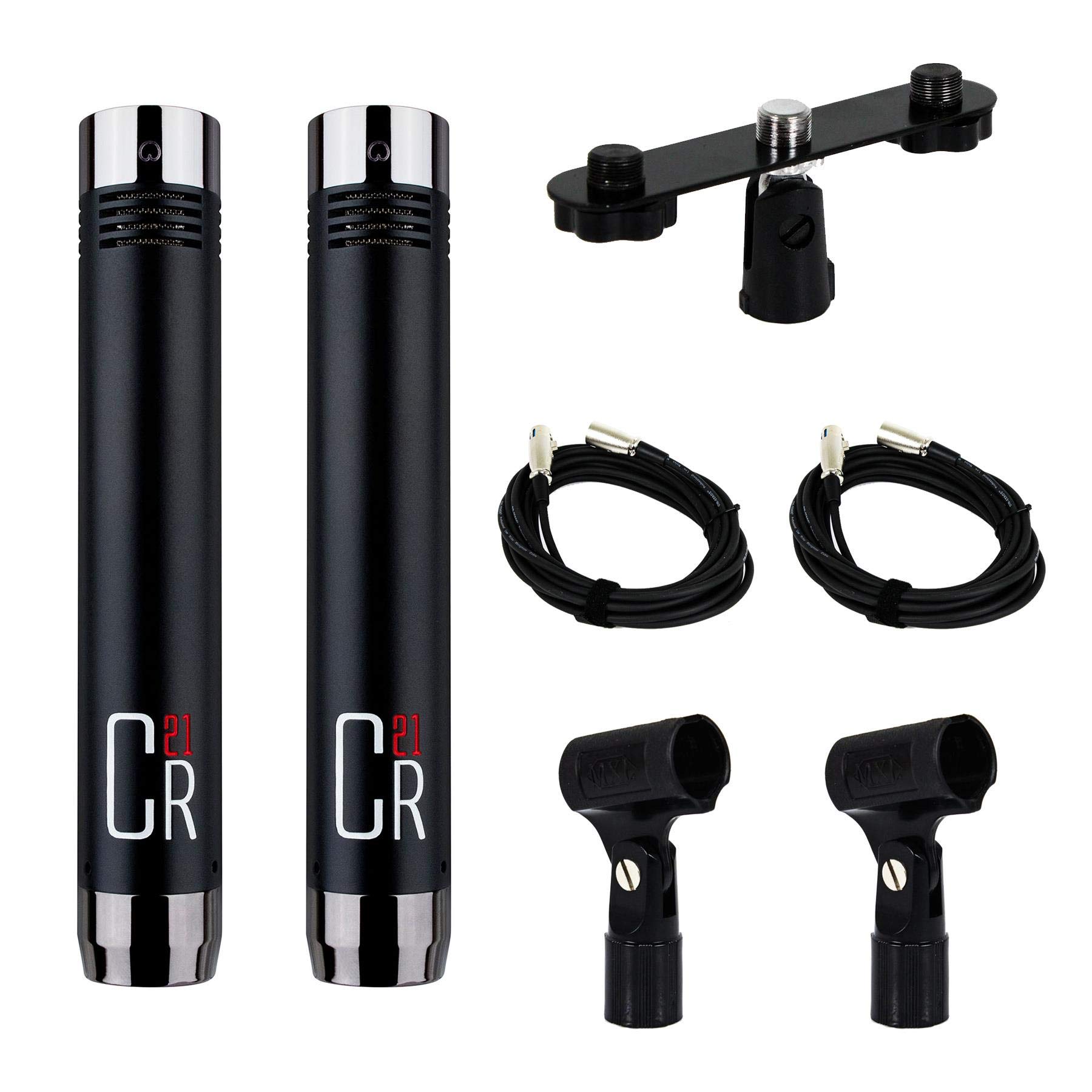 MXL CR21 Stereo Microphone Pair Bundle with Stereo Bar & 2 20-foot XLR Mic Cables (4 Items)