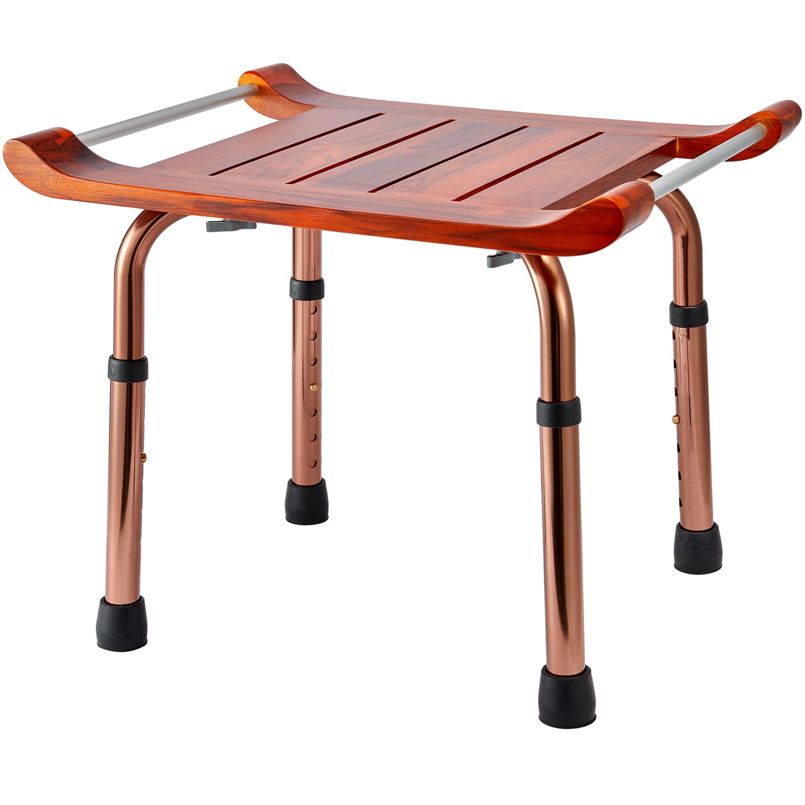 Teak Shower Bench with Handles, Shower Chair for Inside Shower, Height Adjustable Stool, Attached Shower Head Holder Skid pad, Supports Up to 300 Lbs Both Indoor and Outdoor use