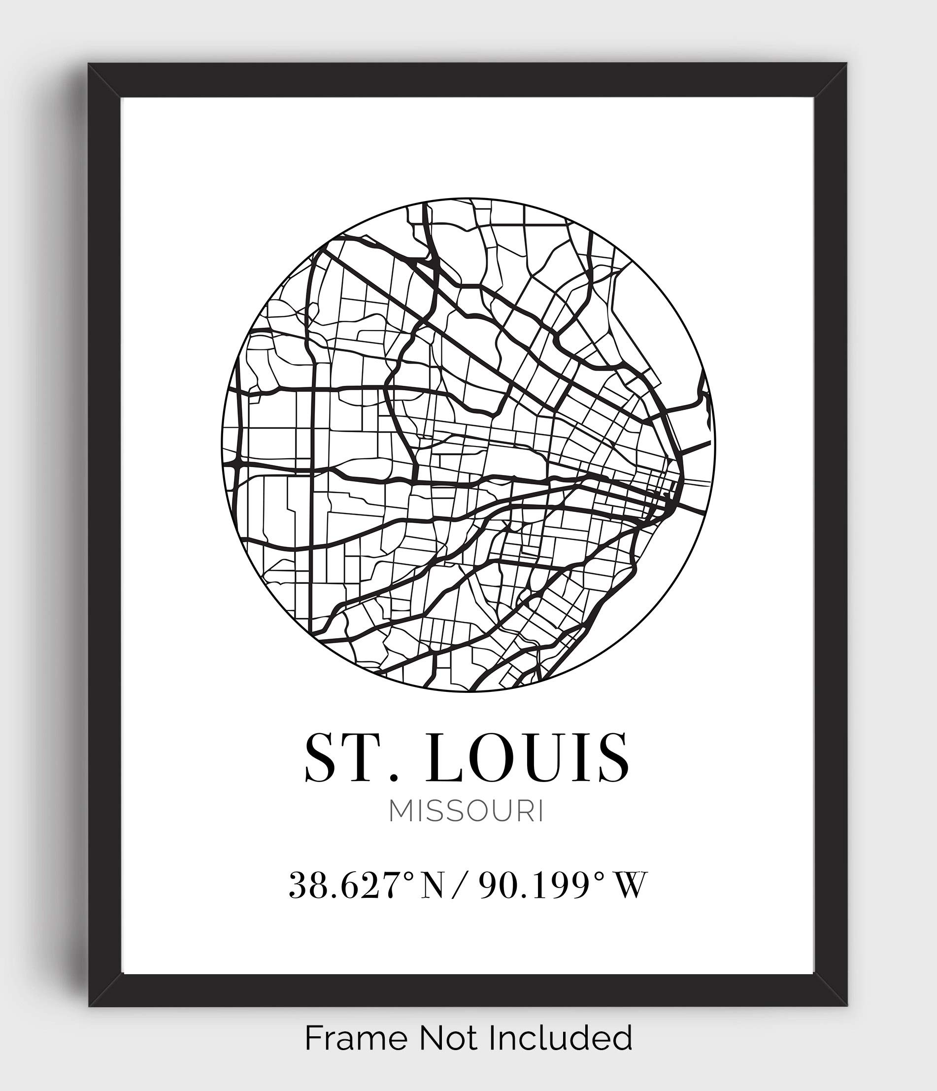 St. Louis MO City Street Map Wall Art - 11x14 Modern Abstract Black & White Aerial View Decor Print with Coordinates. Makes a great St. Louis -Themed Gift.