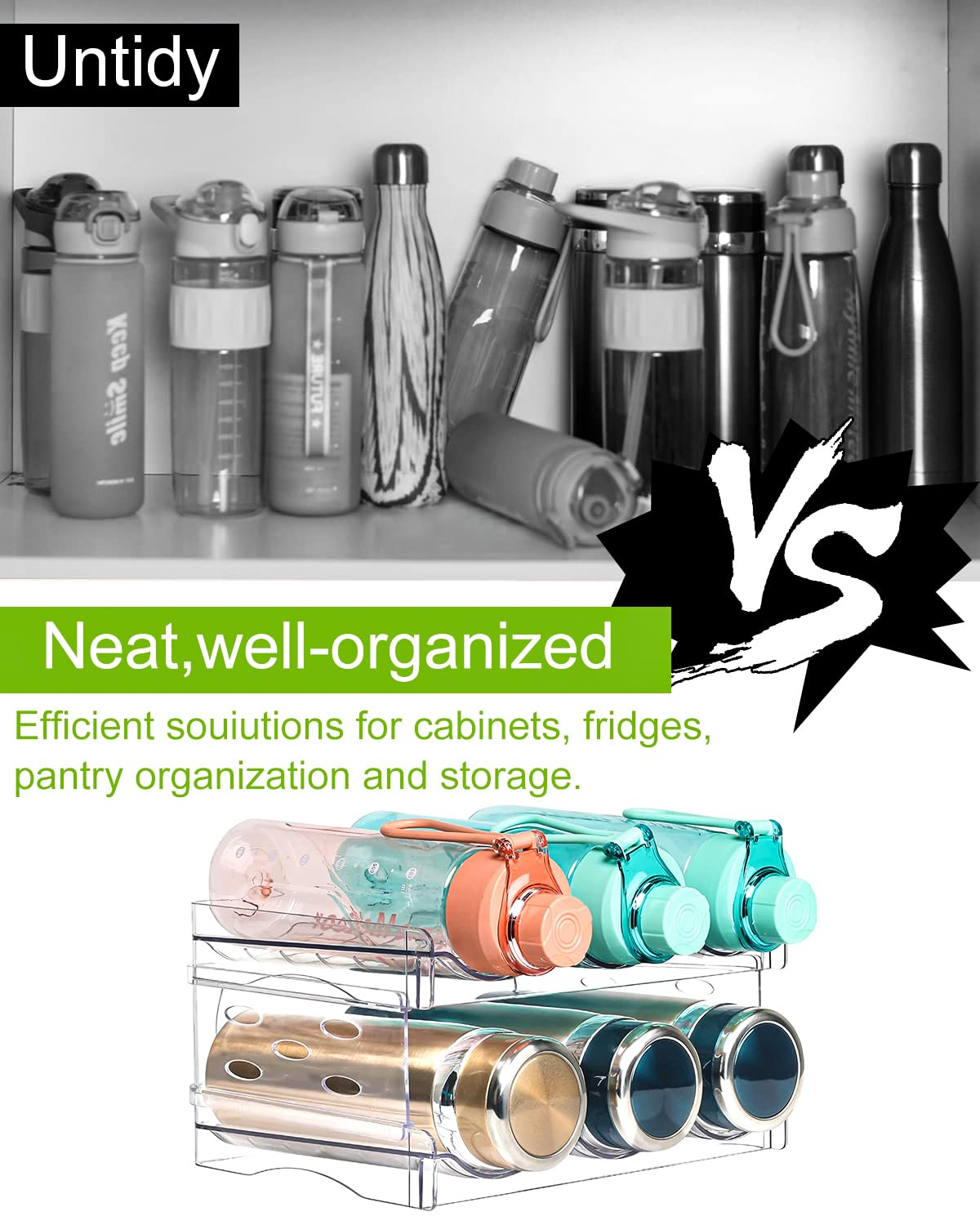 Stackable Bottle Rack Organizer for Refridgerator, Stackable Canned Food Pop Cans Container Water Tumbler for Fridge Pantry Rack Freezer, Clear Plastic Storage Bins,Holds 6-12 Long Bottles Cans Each