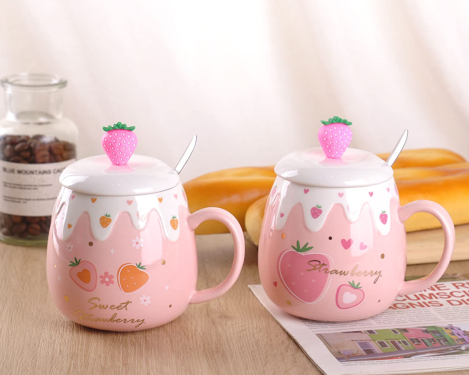 WHJY Pink Female Coffee Cup Mug, Strawberry Korean Lovely Student Ceramic Breakfast Cup with Lid and Spoon – 450ml/15oz, Pink D