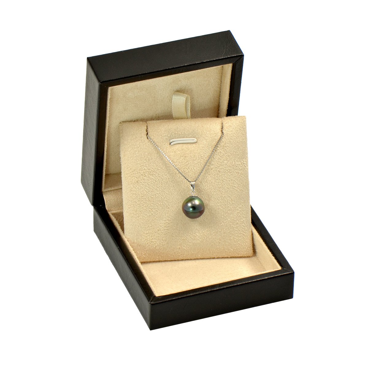 Paialco 18K White Gold Cultured Tahitian Black Pearl Pendant Necklace with 18" Chain, Round 8-9MM