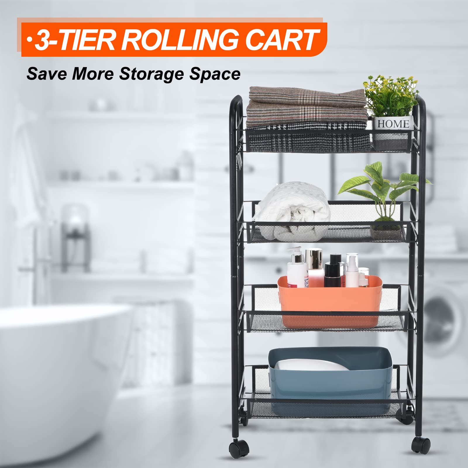 PATIKIL 4 Tier Rolling Cart, Metal Mesh Trolley Utility Storage Organizer Cart with Hooks Wheels for Bathroom Office, Black