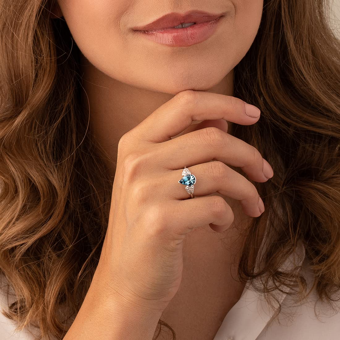 PEORA London Blue Topaz Teardrop Ring for Women 925 Sterling Silver, Natural Gemstone Birthstone, 2 Carats Pear Shape 10x7mm, Size 7