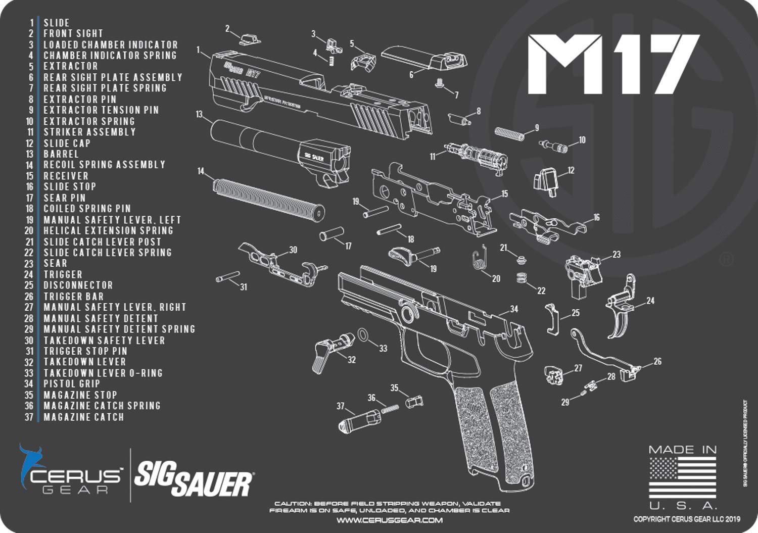 SIG M17 5 PC EDOG Cerus Gear Schematic (Exploded View) Heavy Duty Pistol Cleaning 12x17 Padded Gun-Work Surface Protector Mat Solvent & Oil Resistant & 3 PC Cleaning Essentials & Clenzoil