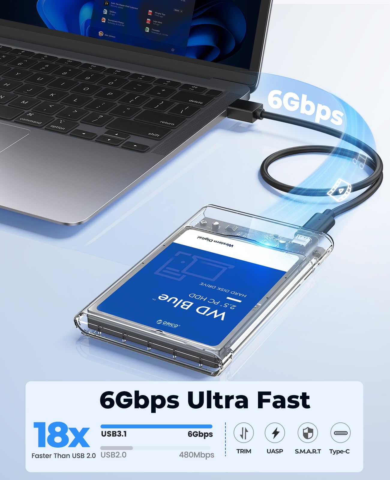 ORICO 2.5 inch Hard Drive Enclosure SATA to USB C 3.1 6Gbps External Hard Drive Case for 7/9.5mm HDD/SSD Support UASP Up to 6TB -2139C3-CR