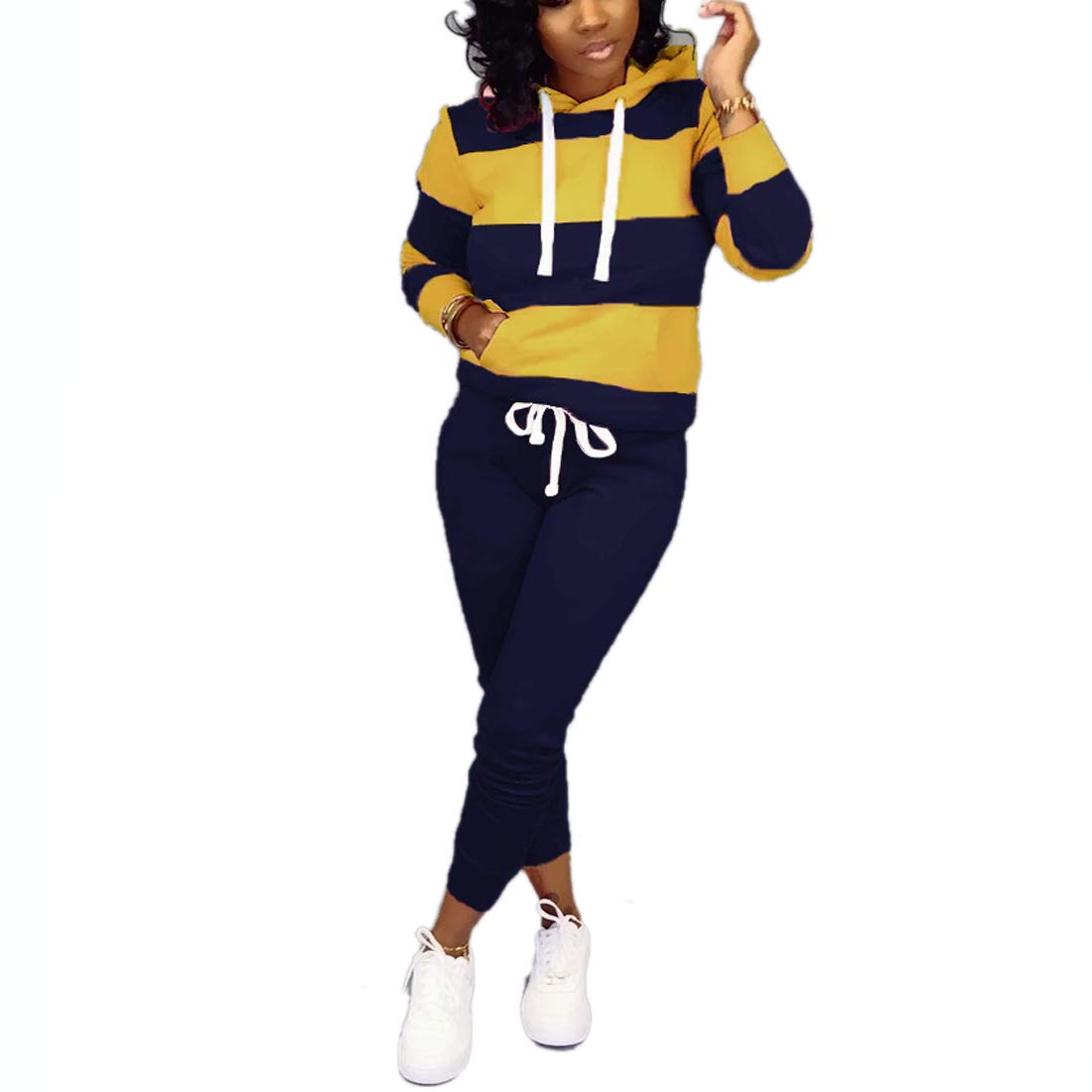 Nimsruc Womens 2 Piece Tracksuit Long Sleeve Casual Patchwork Hooded Collar Pants Set Yellow XXL
