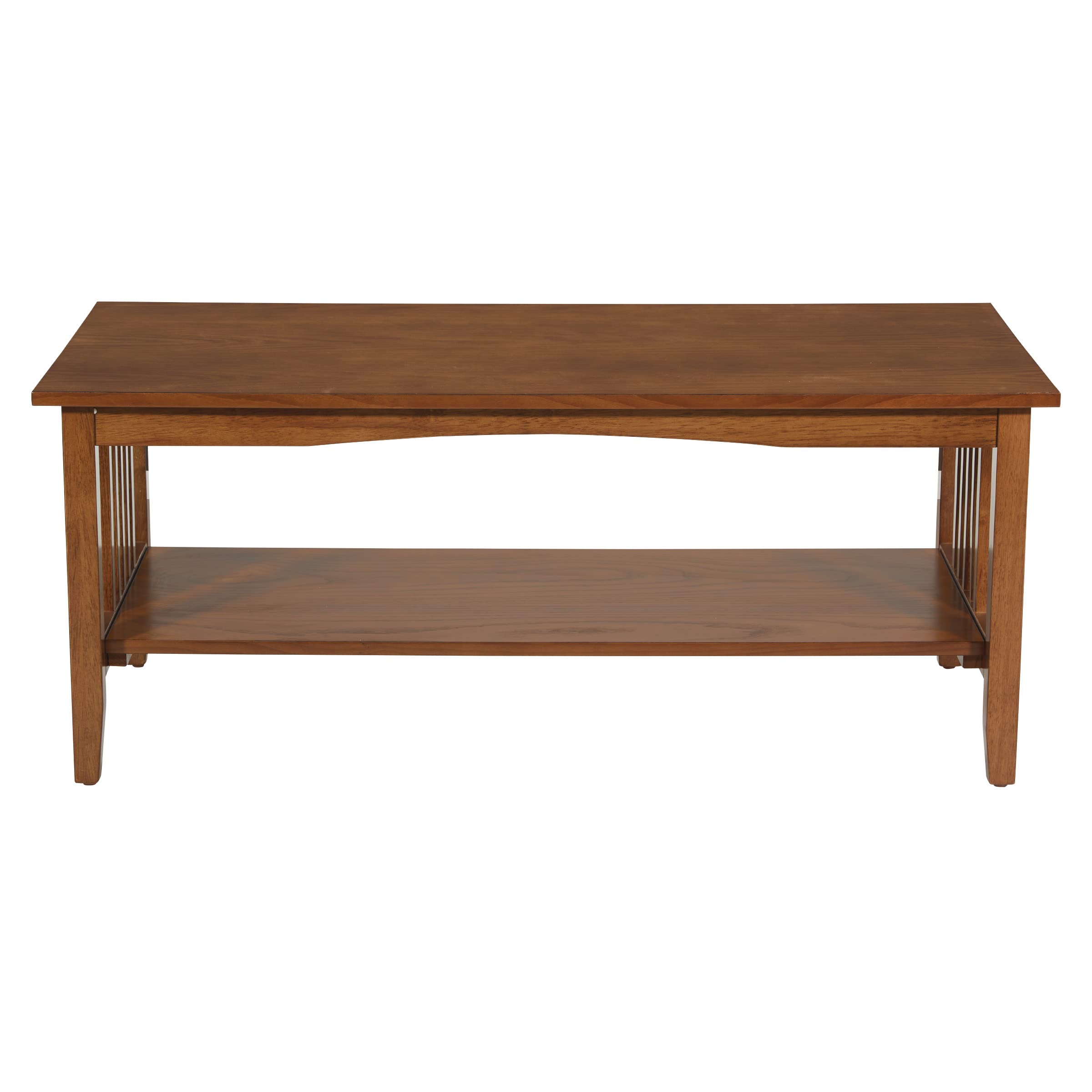 OSP Home Furnishings Sierra Coffee Table with Lower Storage Shelf and Mission Style Side Panels, Brown Ash