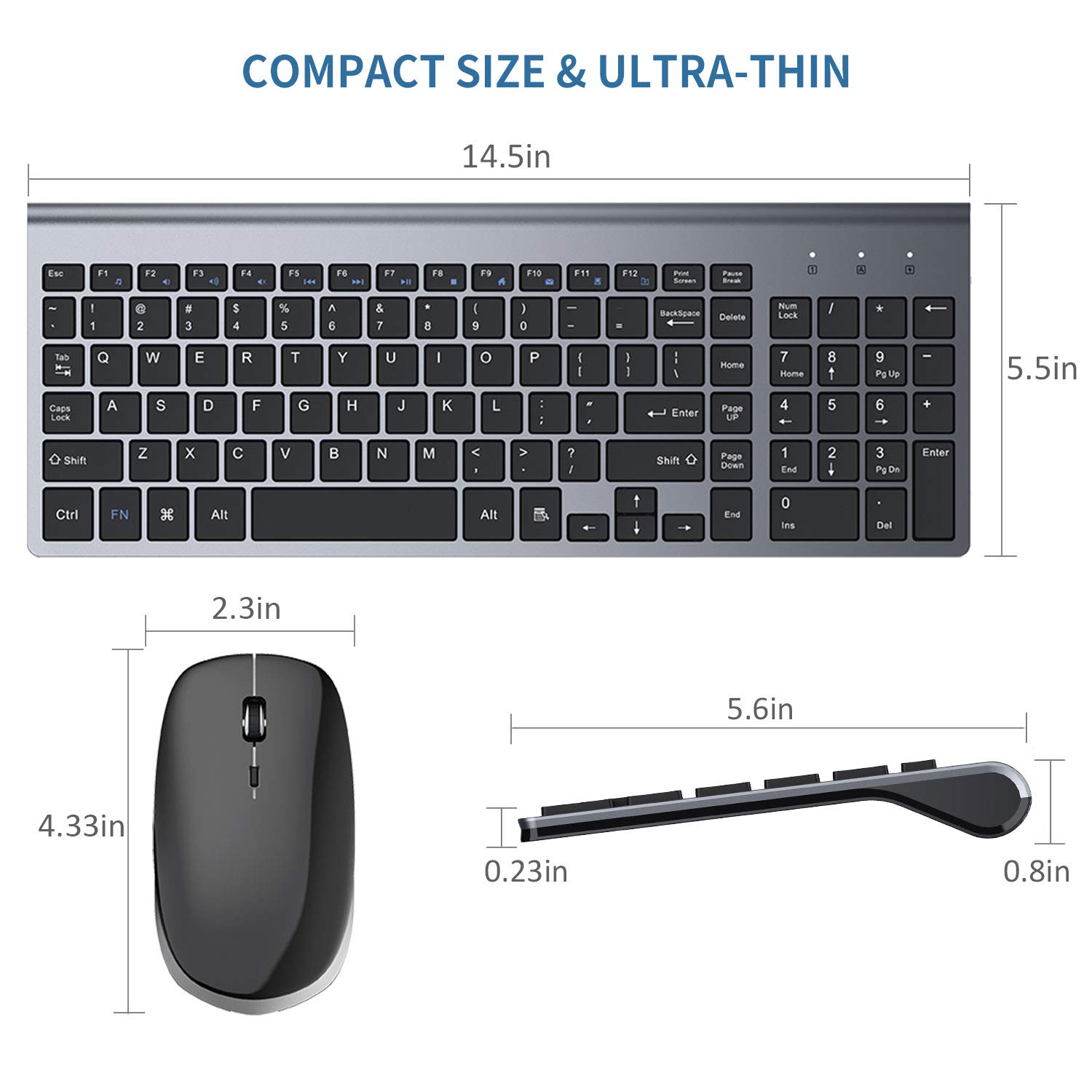 Wireless Keyboard and Mouse Combo, 2.4G USB Compact Full Size Keyboard and Mouse Wireless Set Ultra-Thin Slim Design for Windows, Computer, Desktop, PC, Notebook, Laptop (Black Grey)