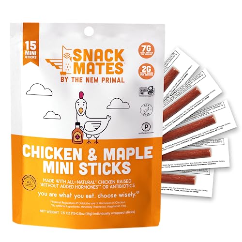 The New Primal Snack Mates Chicken & Maple Sticks, Gluten Free Healthy Snacks for Kids, Low Sugar High Protein Kids Snack for School, Mini Paleo Jerky Meat Stick, 7g Protein, 50 Calories, 15 Pack