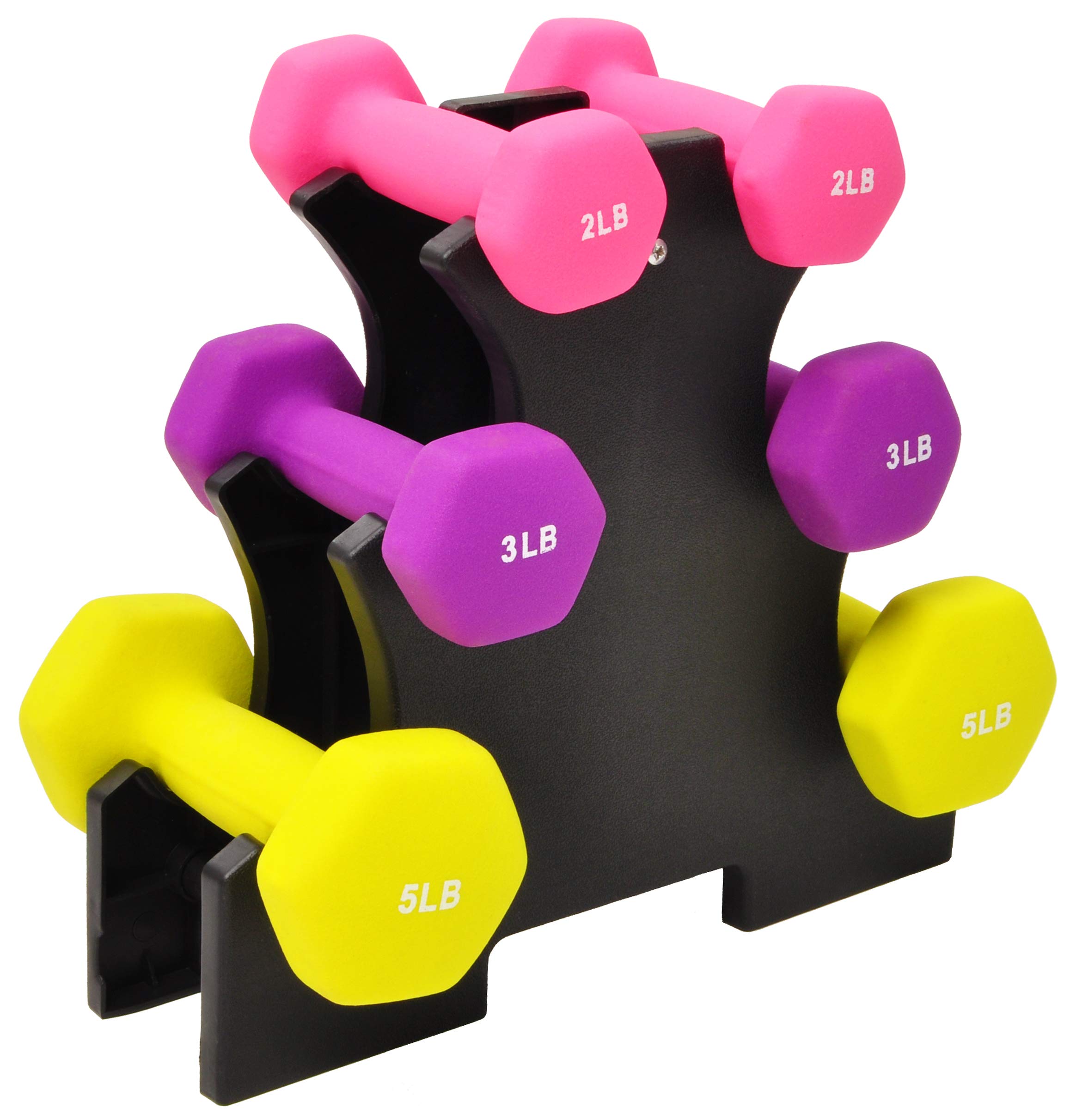 Signature Fitness 20LB Colored Neoprene Coated Dumbbell Set with Stand, 2, 3, 5 lbs Pairs