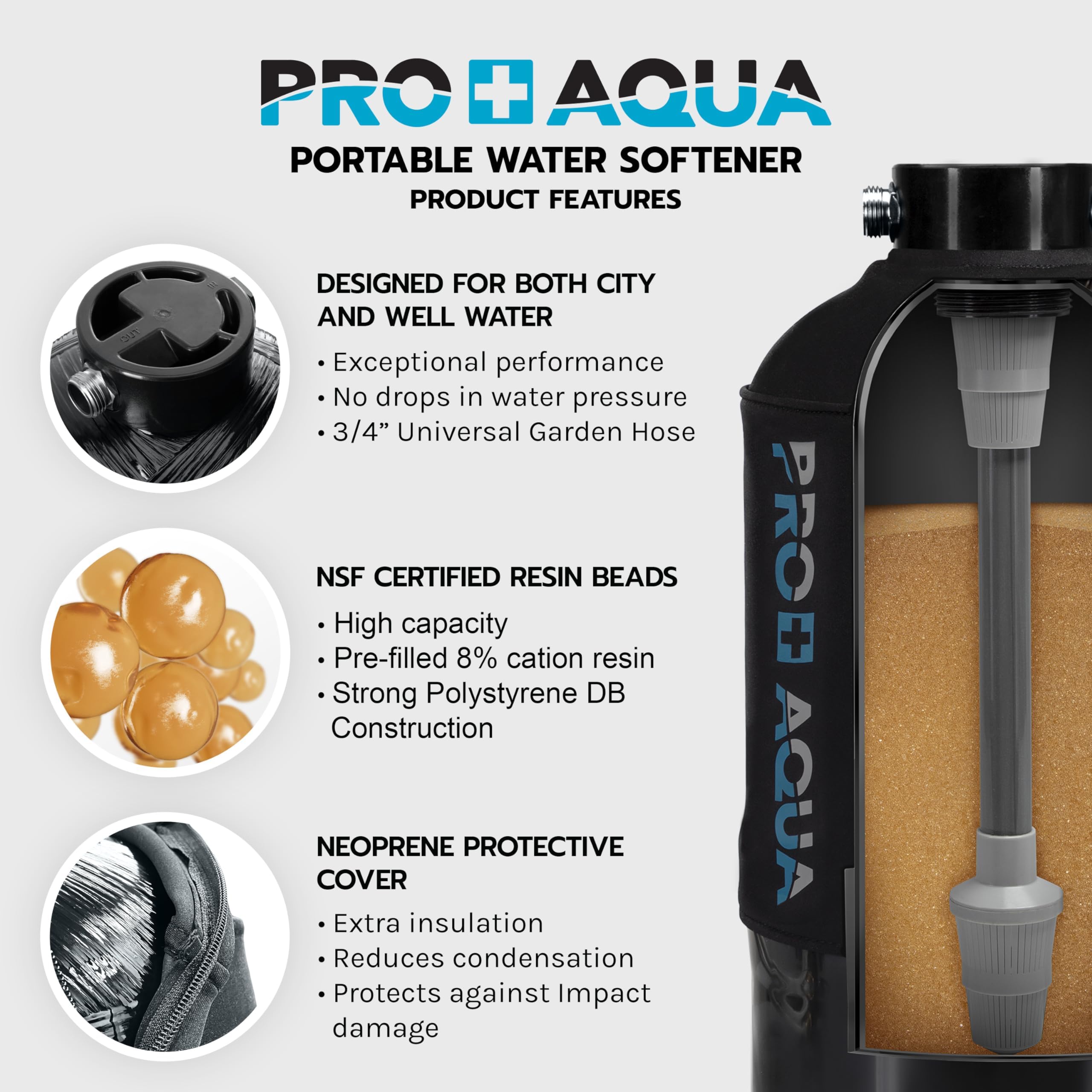PRO+AQUA 16,000 Grain Portable Water Softener for RV, Trailers, Boats, Mobile Car Wash, Pressure Wash β Protects Water Systems from Hard Water Damage and Corrosion, with Pre-Filled High-Capacity Resin