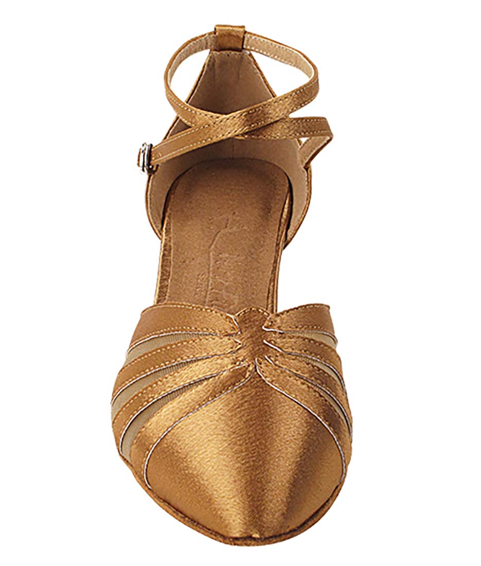 Very Fine Dance Shoes - Ladies Practice, Cuban Low Heel, Waltz Ballroom Dance Shoes - SERA3543-1.2-inch Heel and Foldable Brush Bundle - Brown Satin - 9
