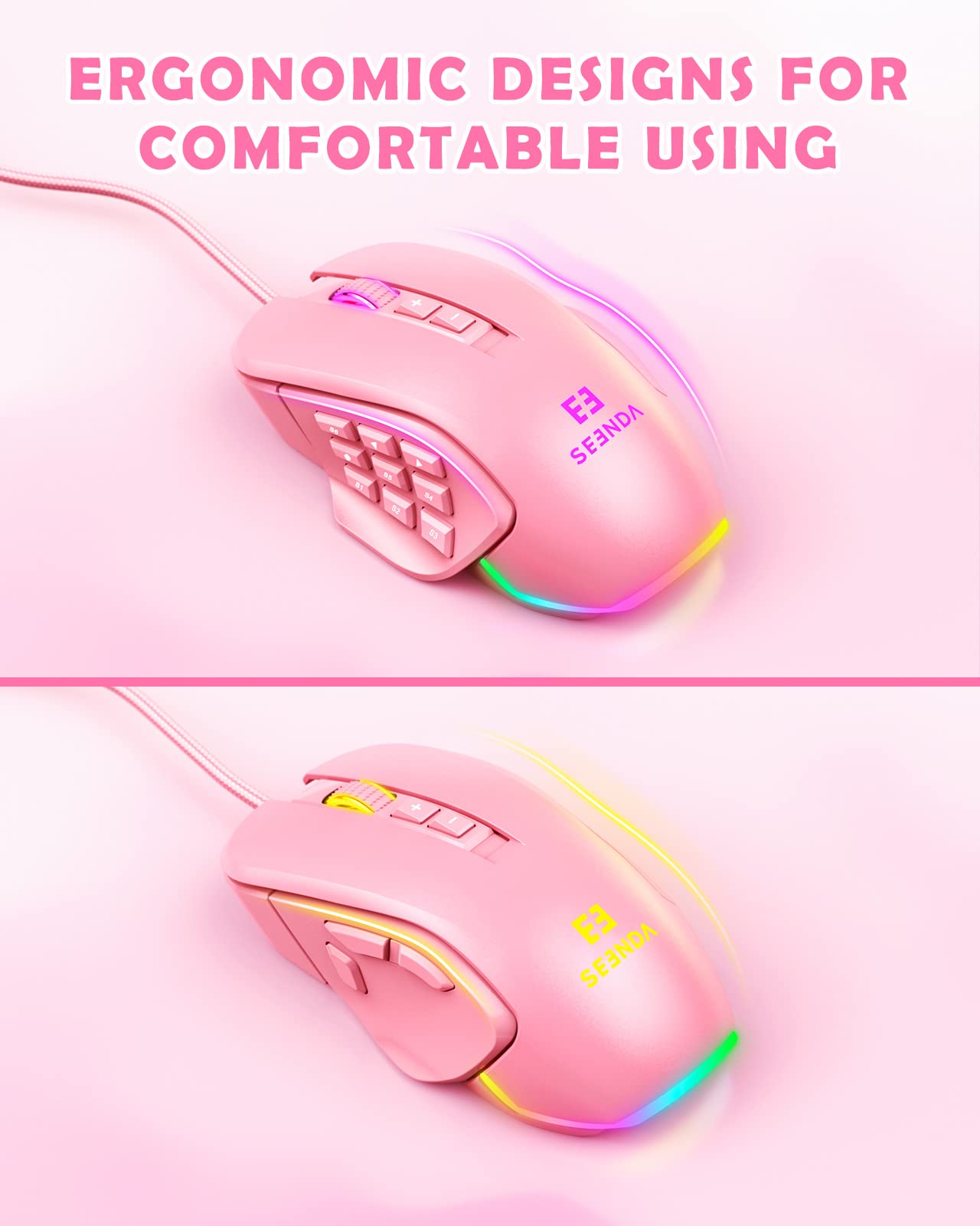 seenda MMO Gaming Mouse Vanguard S with Interchangable Side Plates, 10000 DPI Programmable Macros and Customizable PC Computer Gaming Mice with Side Buttons, Pink