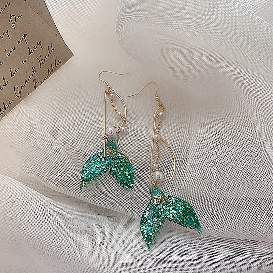 Sequins Mermaid Tail Earrings For Women Fantasy Ocean Princess Earrings Tassel Earrings Creative Ear Hook Translucent Fishtail Pendant Pearl Earrings
