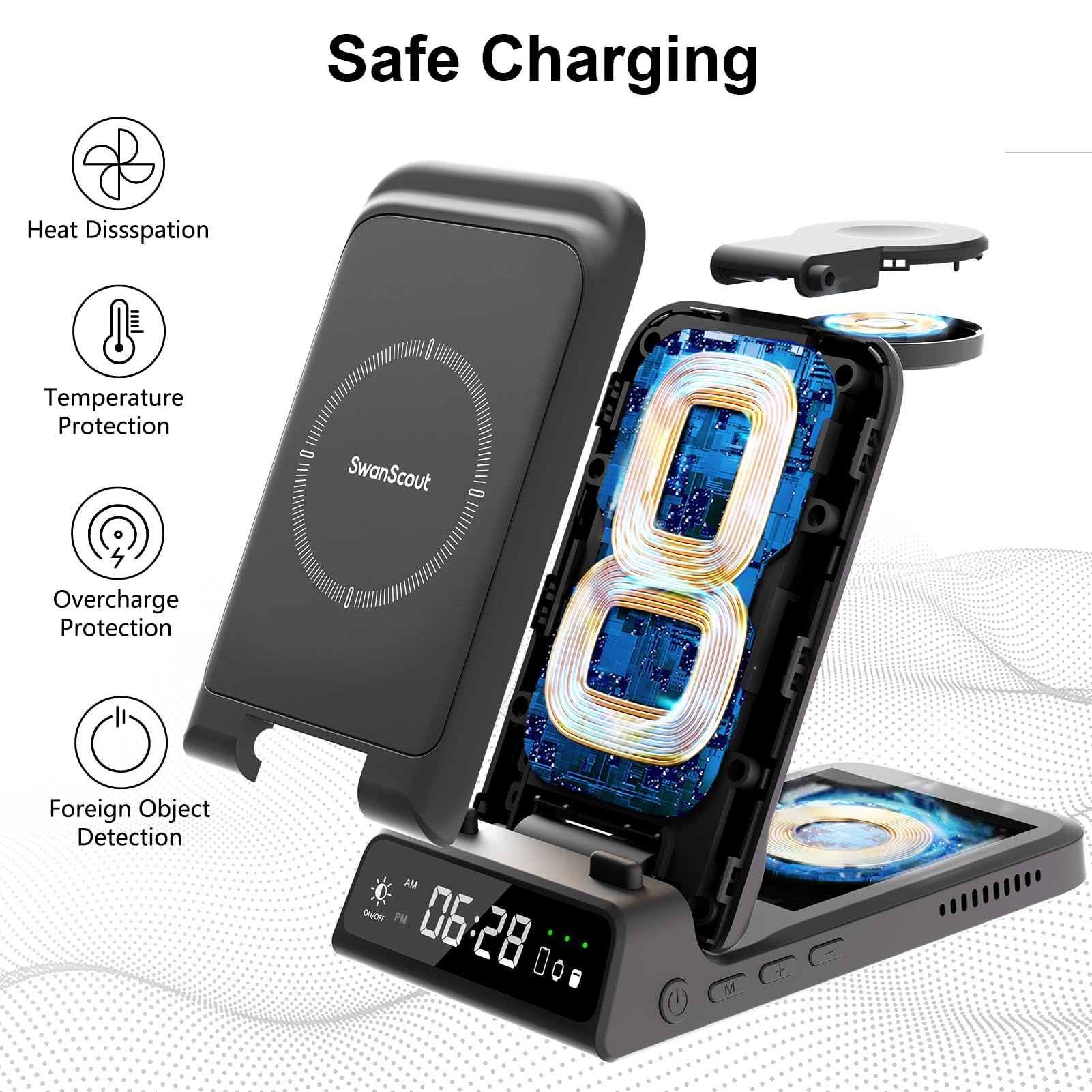 SwanScout Wireless Charging Station for iPhone, SwanScout 703A, Wireless Charger for iPhone 15/14/13/12/11 Series, for Apple Watch Ultra 2/9/8/7/6/5/SE, for Airpods Pro 2, Travel Foldable and Portable