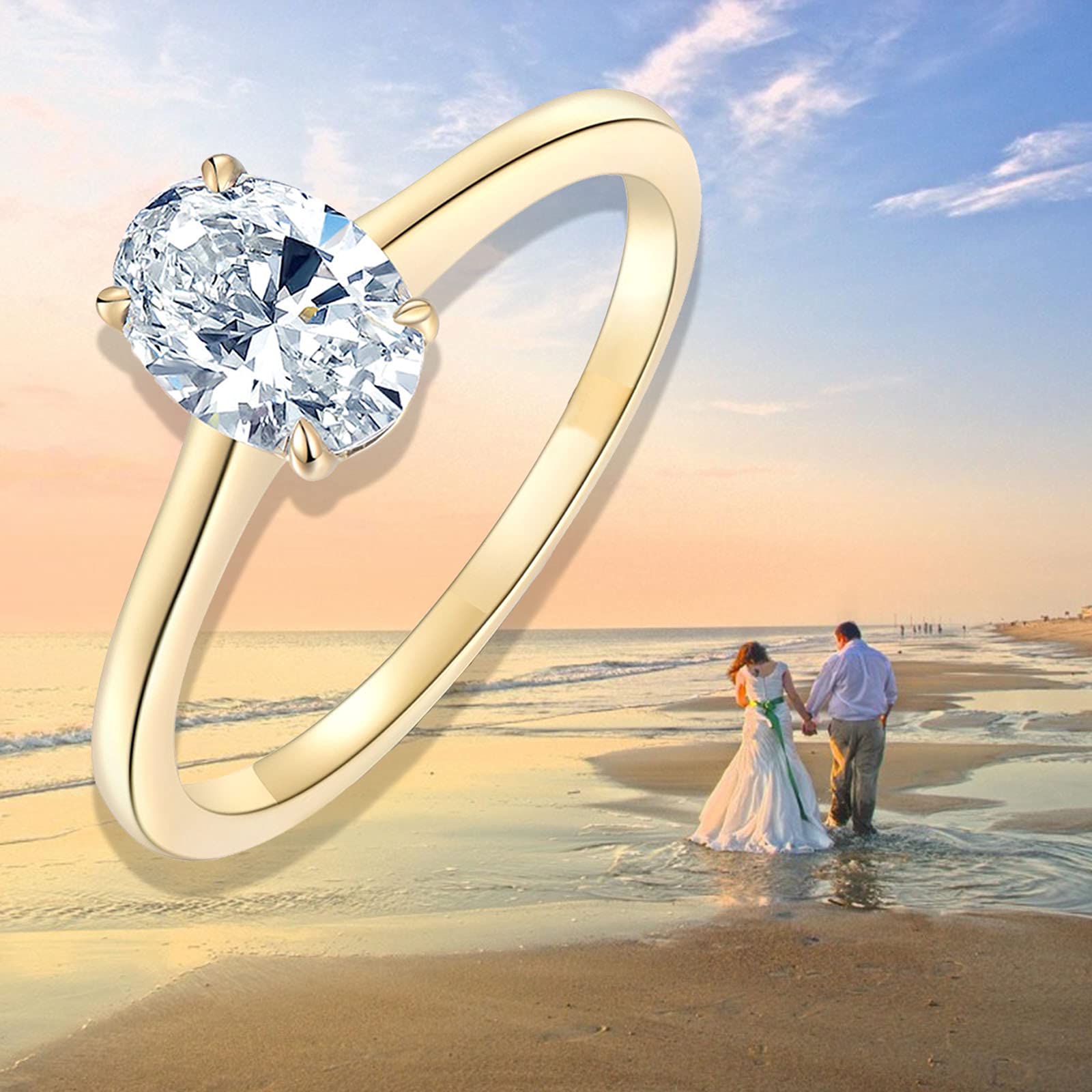 WSX 10k Yellow Gold Oval Moissanite Engagement Ring for Women Solitaire Unique Wedding Promise Rings Size 7