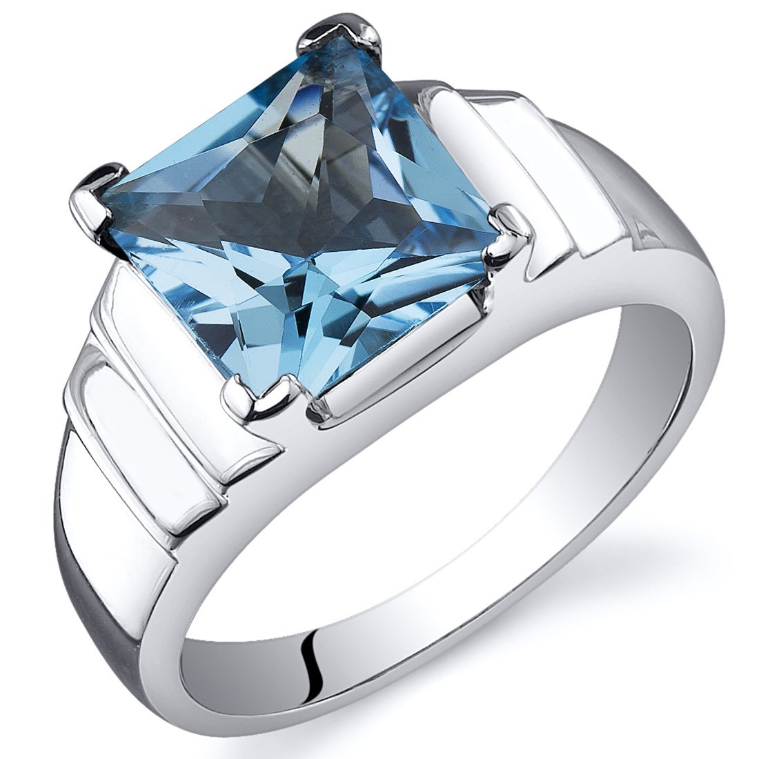 PEORA Swiss Blue Topaz Ring in Sterling Silver, Designer Tiered Solitaire, 2.75 Carats Princess Cut, 7mm, Comfort Fit, Size 8