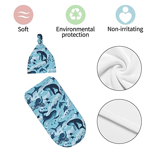 Sea Waves Dolphins Sharks Whale Octopus Newborn Swaddle Blankets Baby Wrap Blanket Soft with Beanie Hat Sets Gifts for Infant Boy Girl