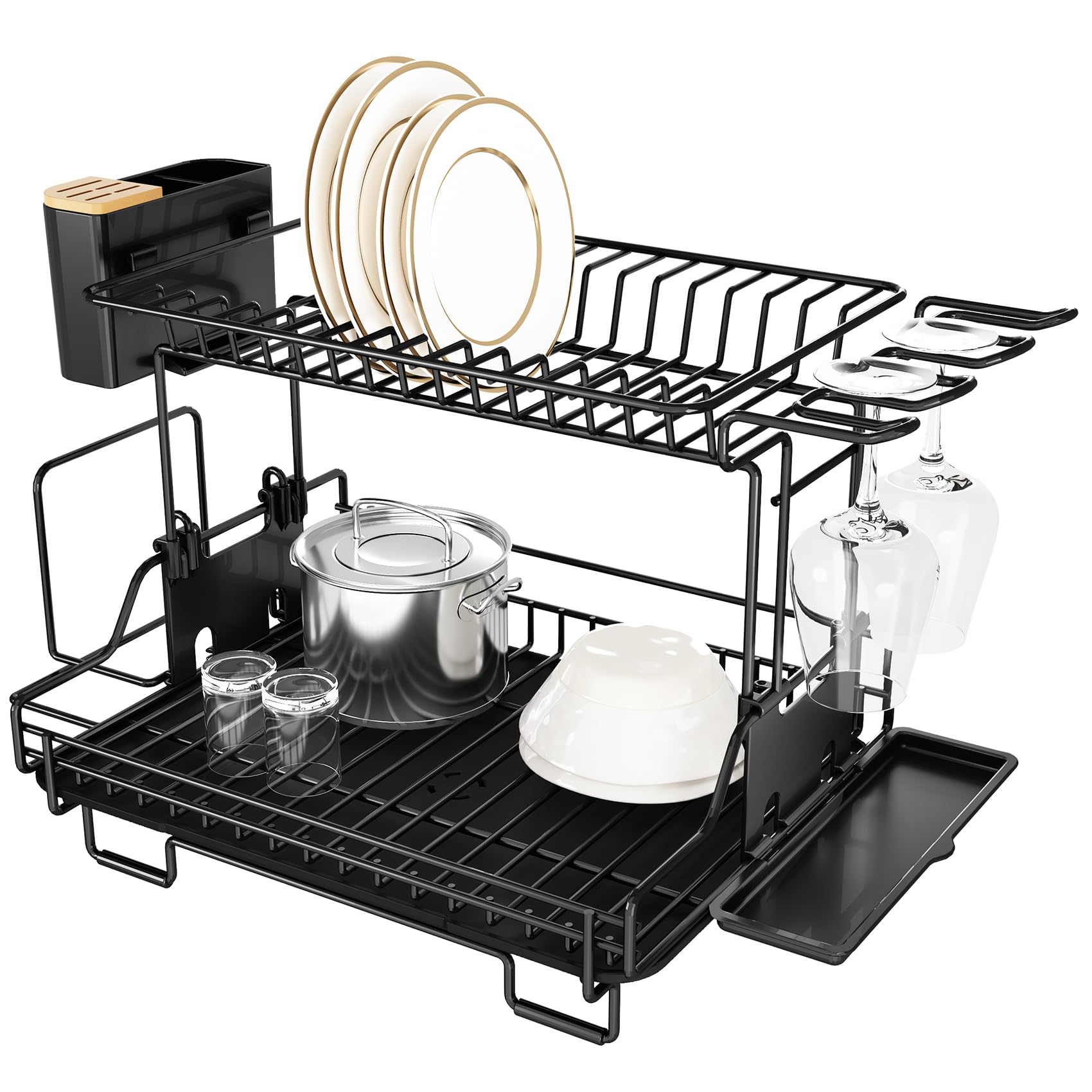 Ourackey Dish Drying Rack, 2 Tier Dish Rack, Large Dish Racks for Kitchen Counter, Anti-Rust Multifunctional Dish Drainer with Cutlery, Drain Board & Cup Holder, Black