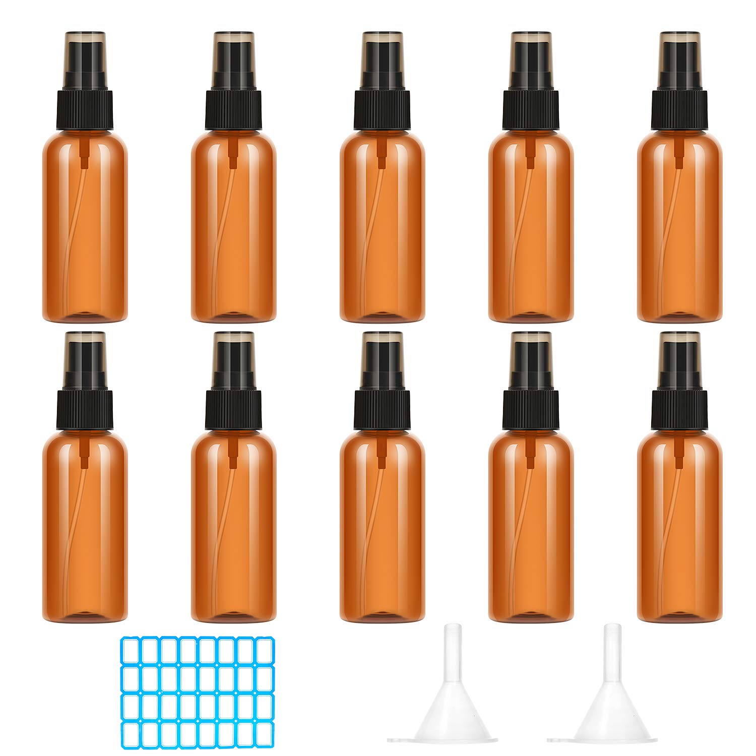 Spray Bottles with Labels,2oz Refillable Cosmetic Containers for Essential Oils, Cleaning Products, Aromatherapy or Alcohol,10 packs Small Empty Fine Mist travel bottle with 2pcs Funnels (Brown)